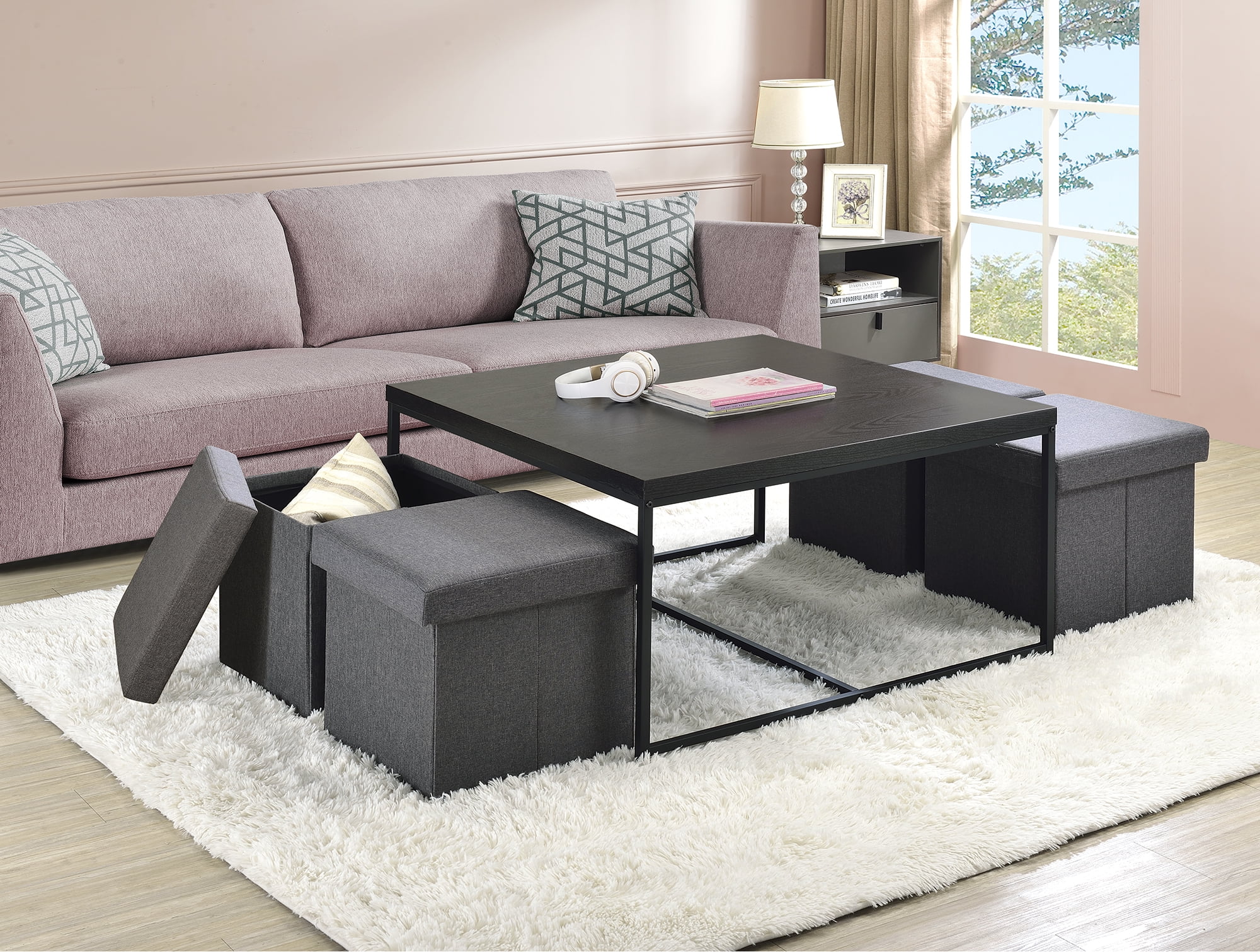 DUOSONG Caitlin 35" Black Wood Grain 5 Piece Coffee Table Set Black MDF ...