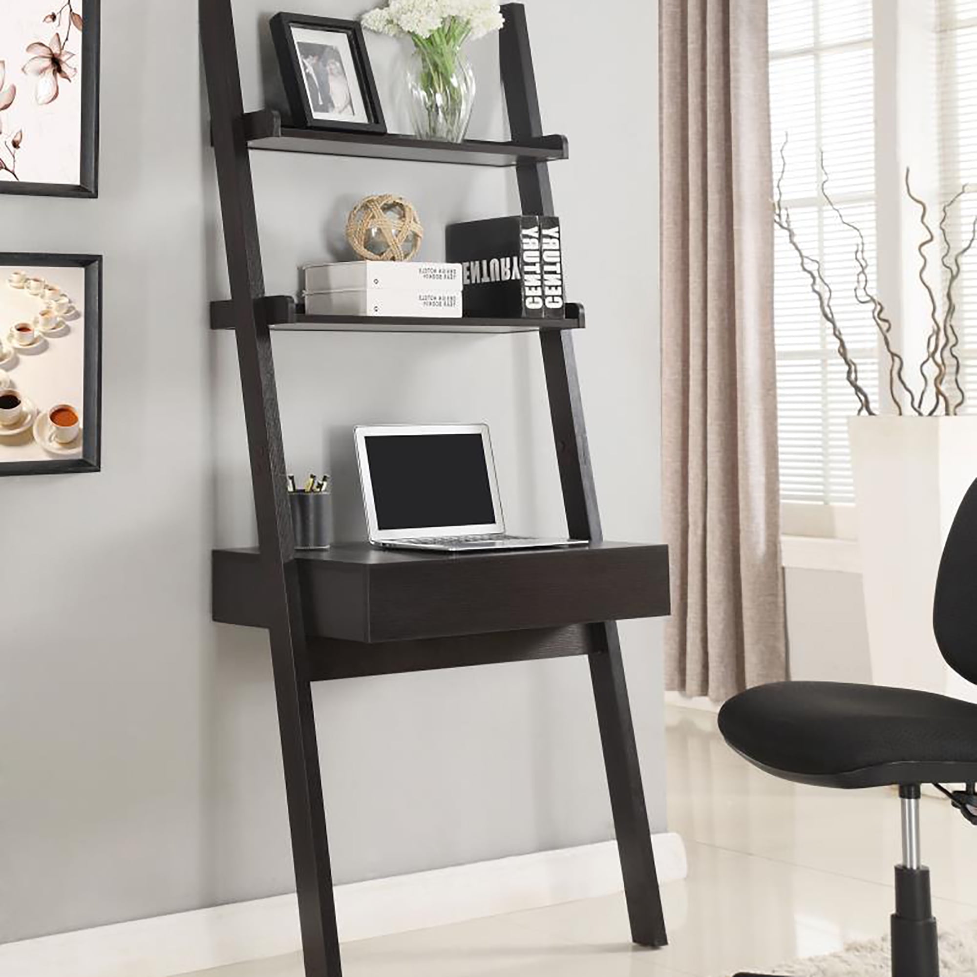 DUOSONG Cappuccino Wall Leaning Ladder Desk Cappuccino Wood Furniture ...