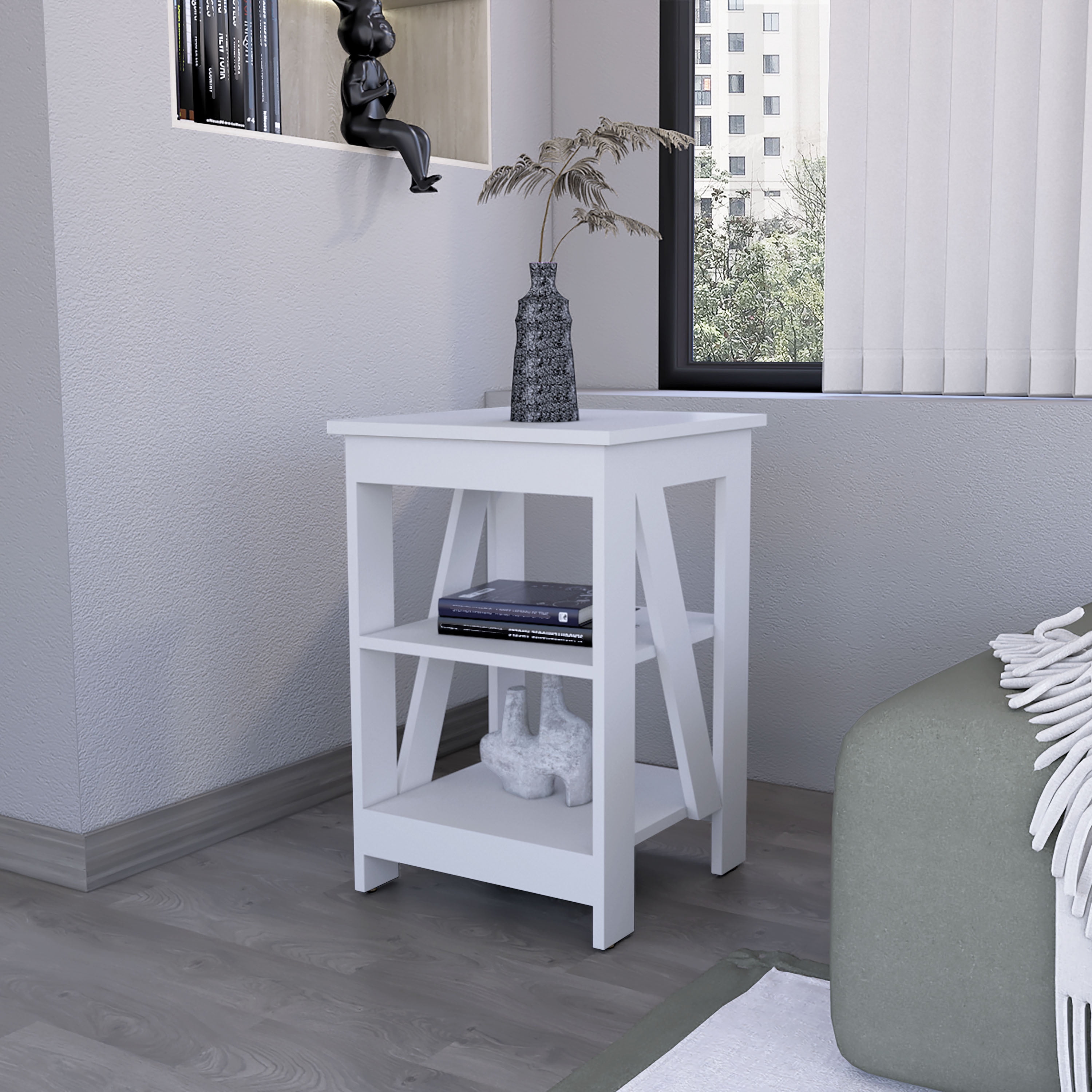 DUOSONG Clio Auxiliary Table, With Two Shelves White Engineered Wood ...