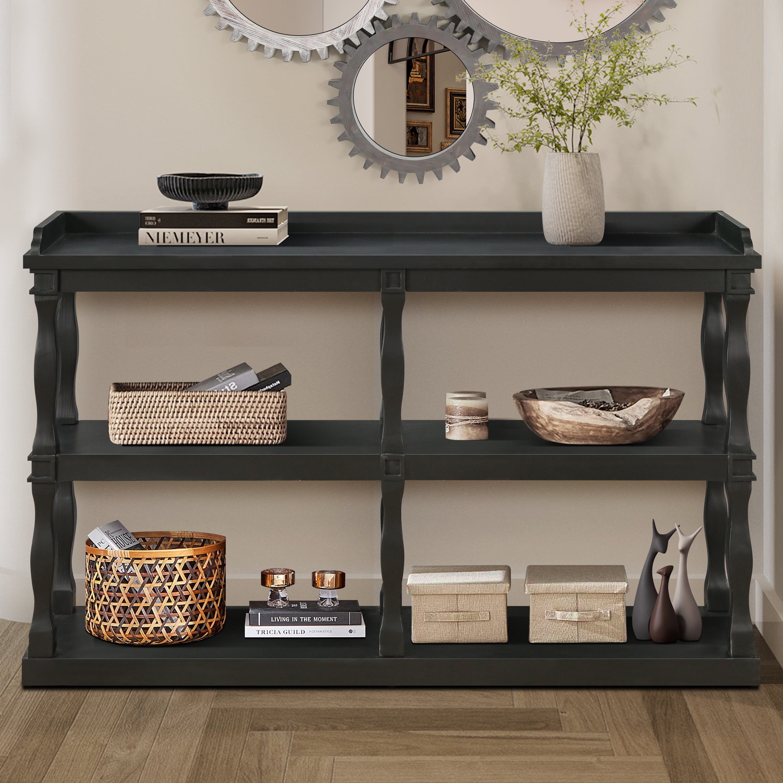 DUOSONG Console Table With 3-Tier Open Storage Spaces And Roman Column ...