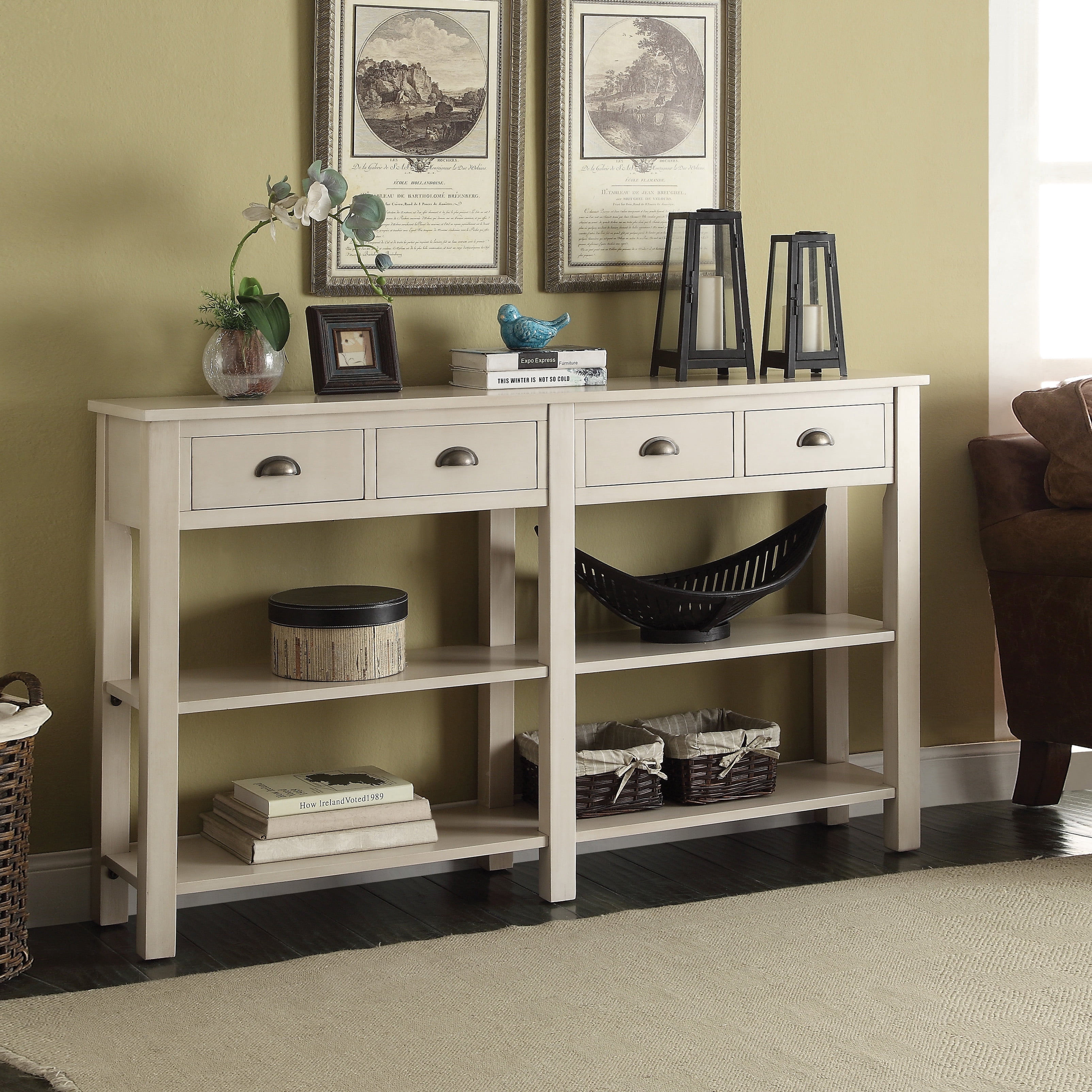 DUOSONG Cream 4-Drawer Console Table Cream Wood Furniture Primary ...