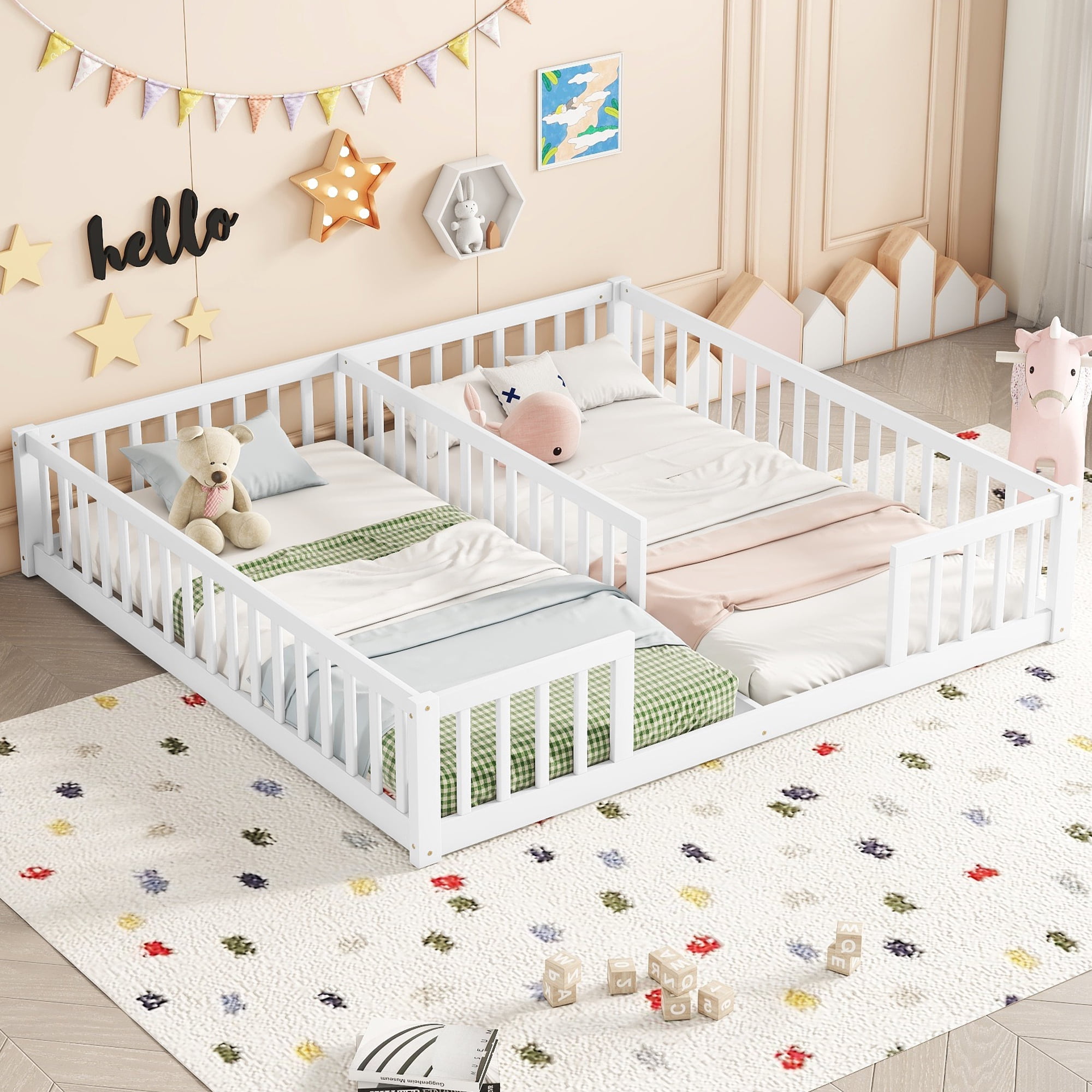 DUOSONG Double Twin Floor Bed With Fence, Guardrails, Without Door ...