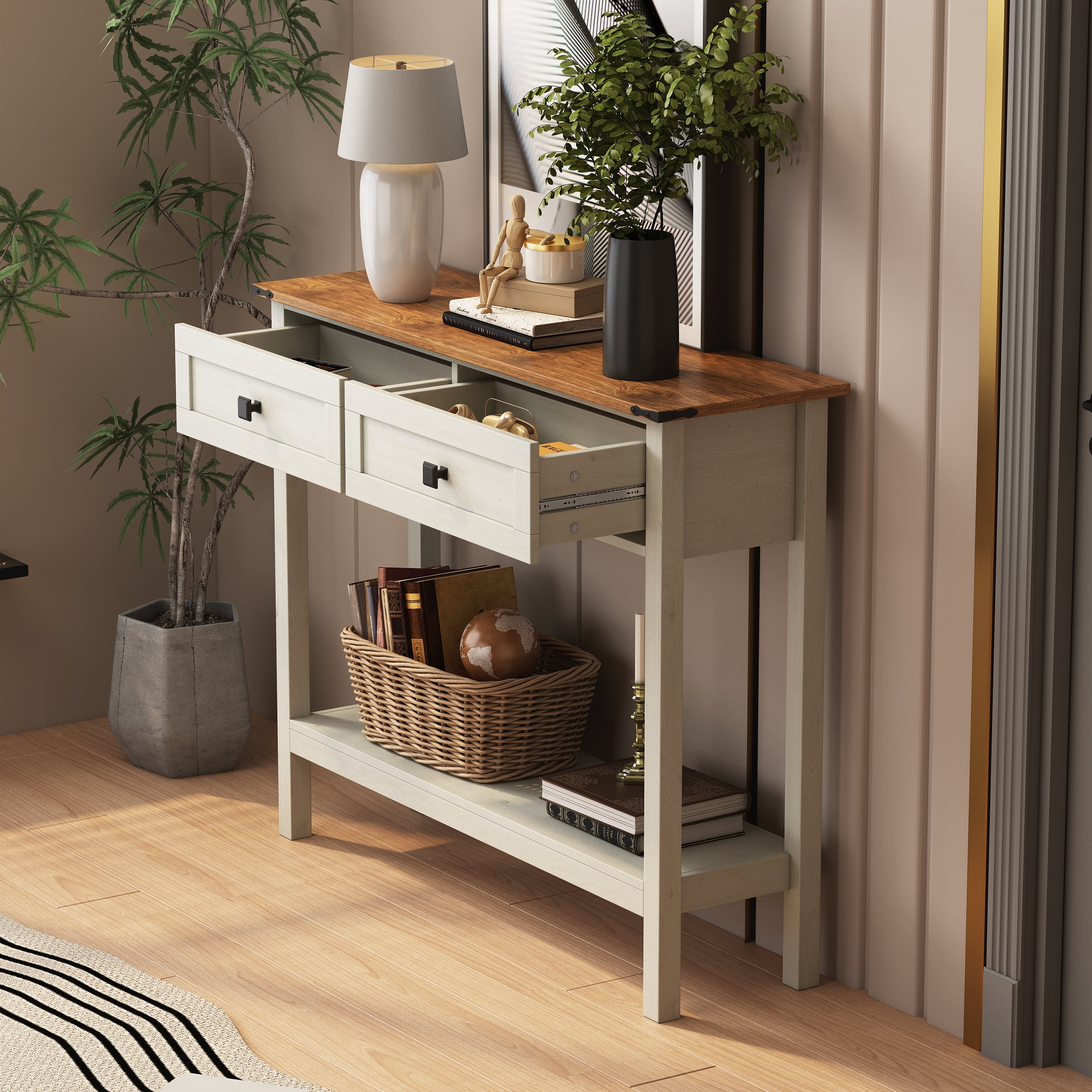 DUOSONG Farmhouse Style Console Table With 2 Drawer And Bottom Storage ...