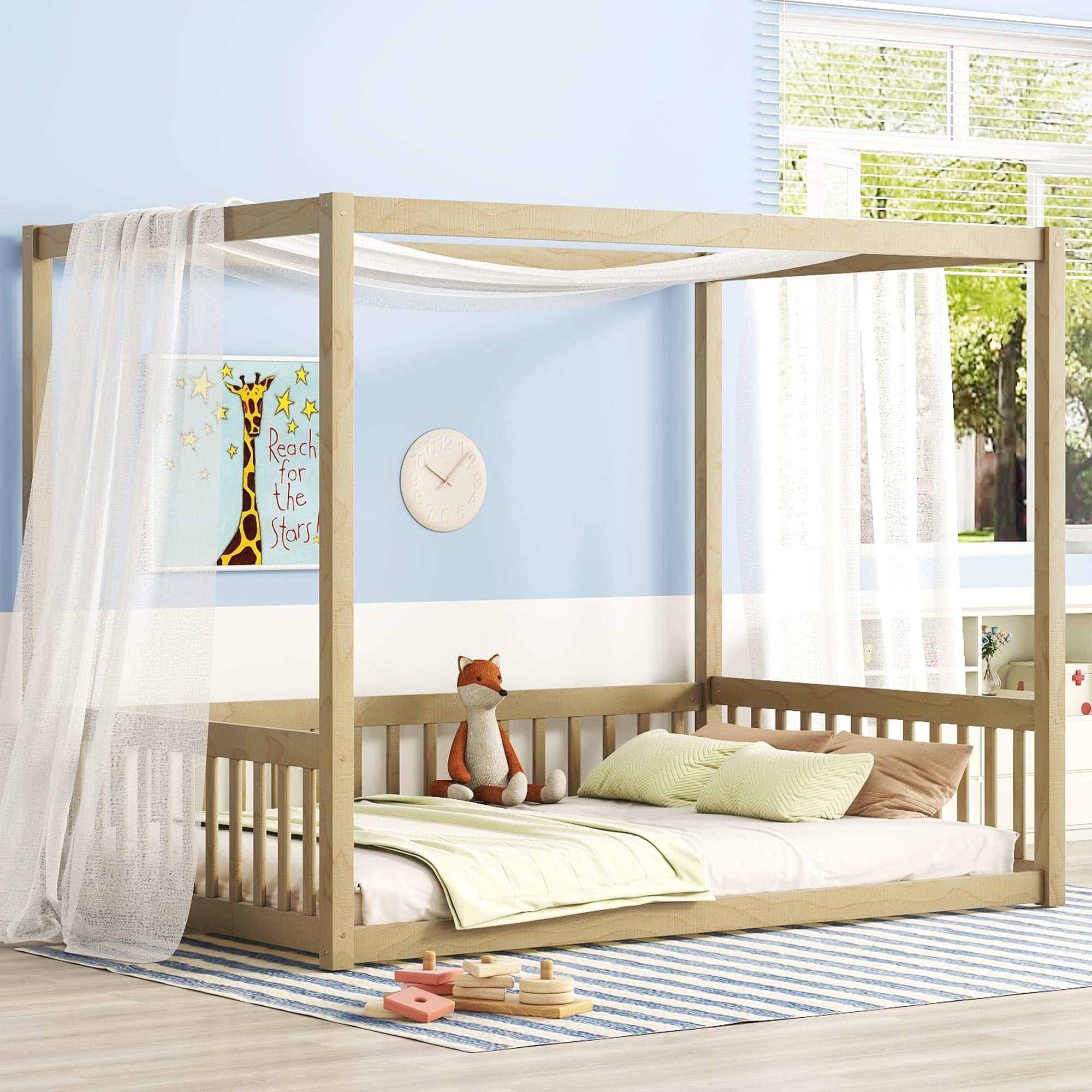 DUOSONG Full Size Canopy Frame Floor Bed With Fence, Guardrails,Natural ...