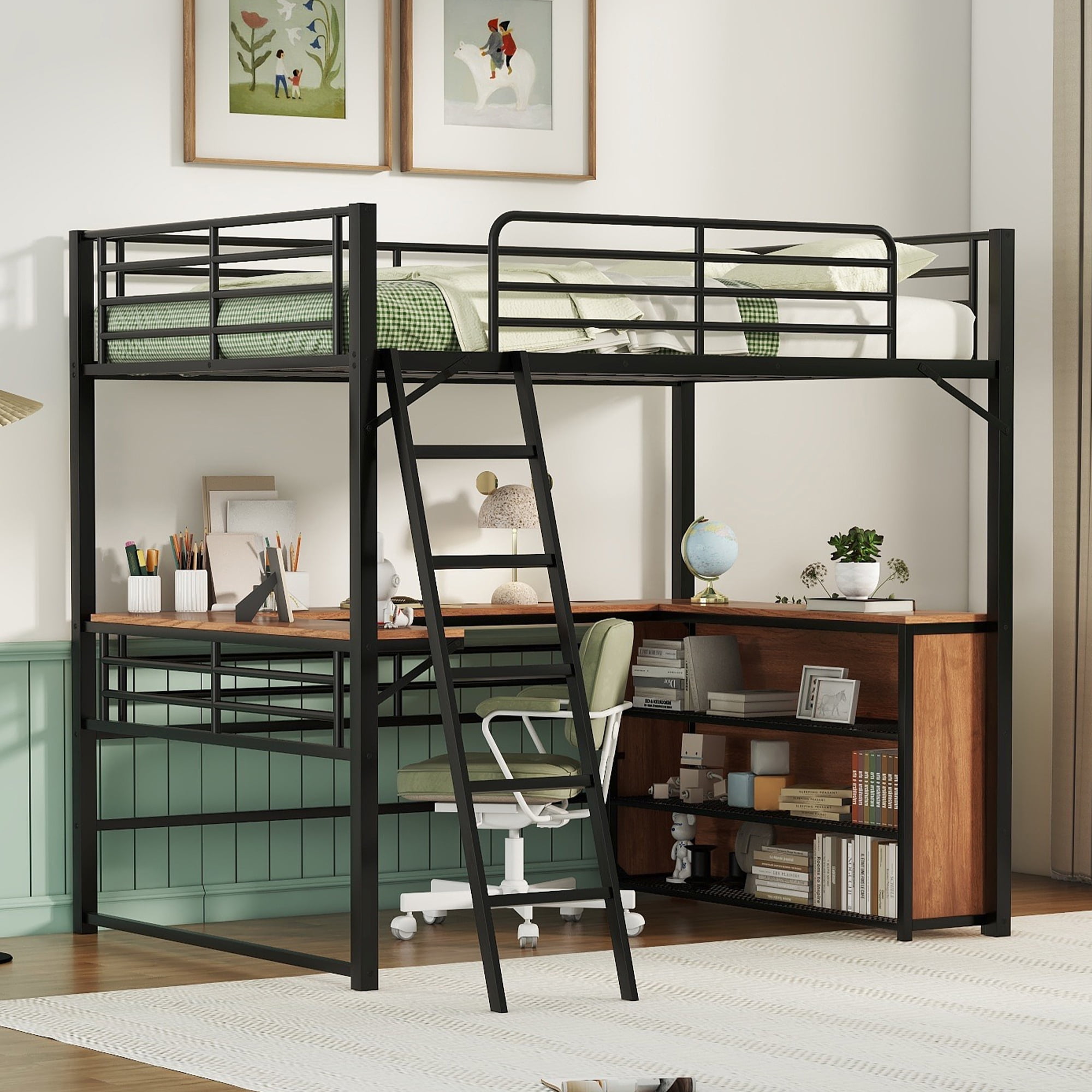 DUOSONG Full Size Metal Loft Bed With 3 Layers Of Shelves And L-Shaped ...