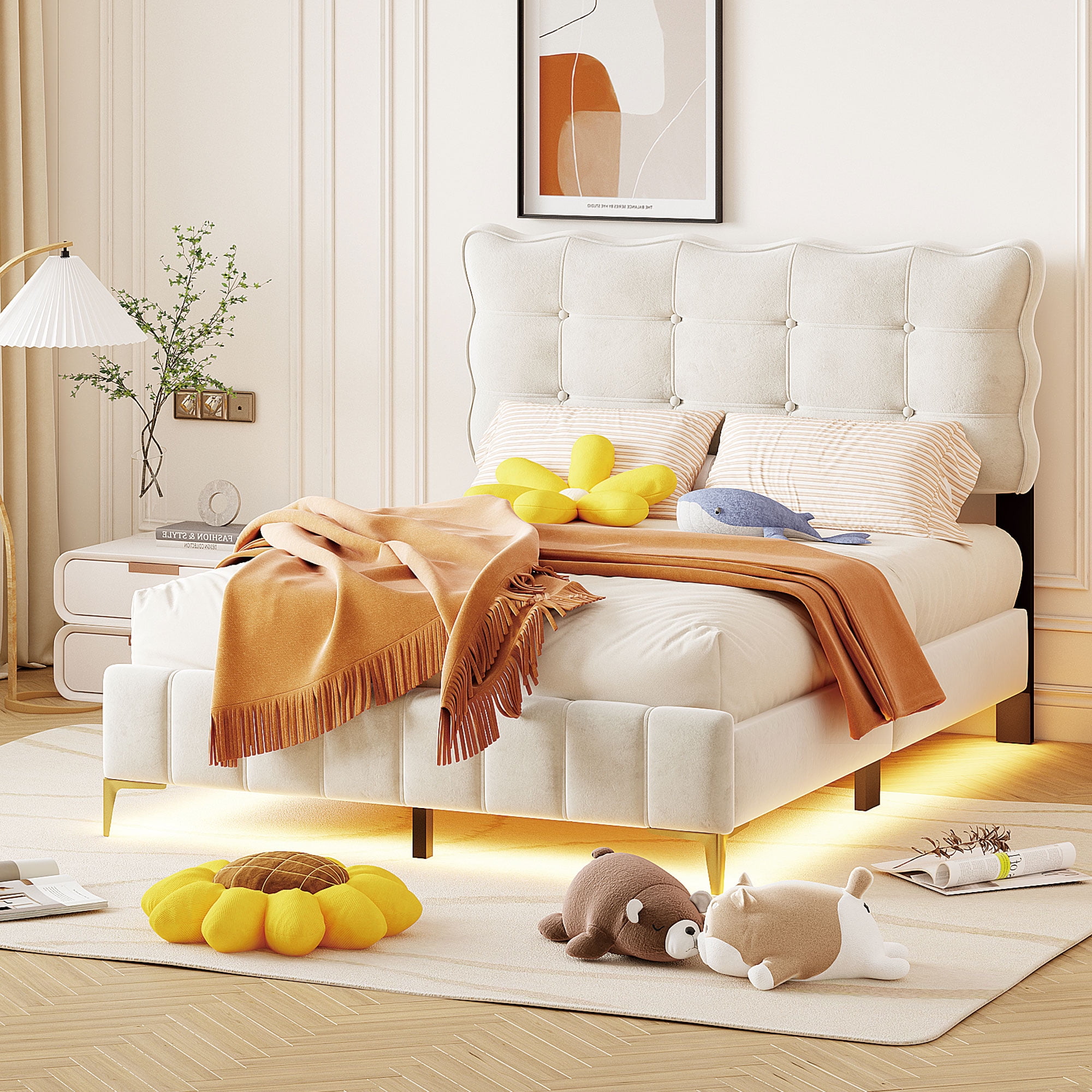 DUOSONG Full Size Velvet Platform Bed With Led Frame And Stylish Mental ...