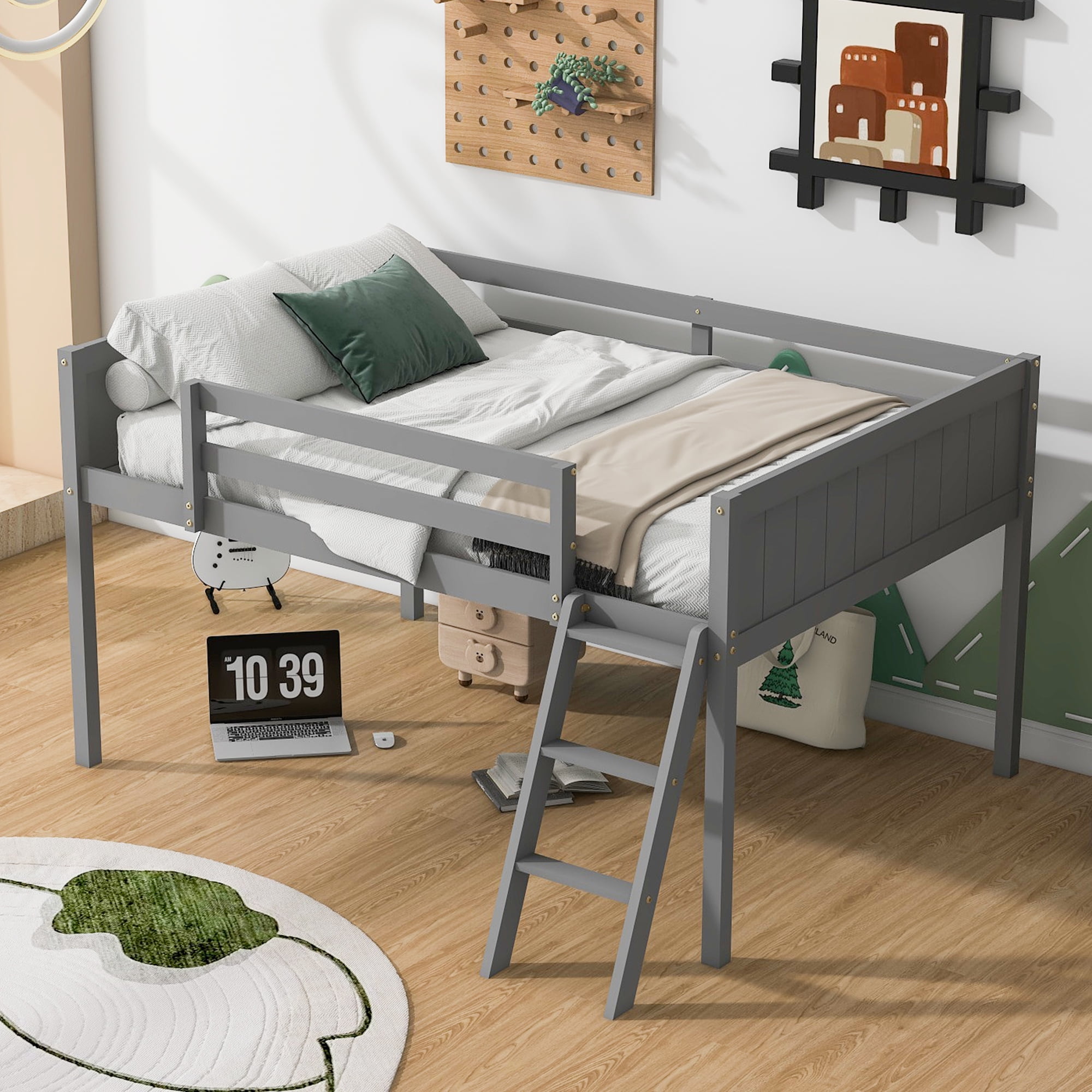 DUOSONG Full Size Wood Low Loft Bed With Ladder, Ladder Can Be Placed ...