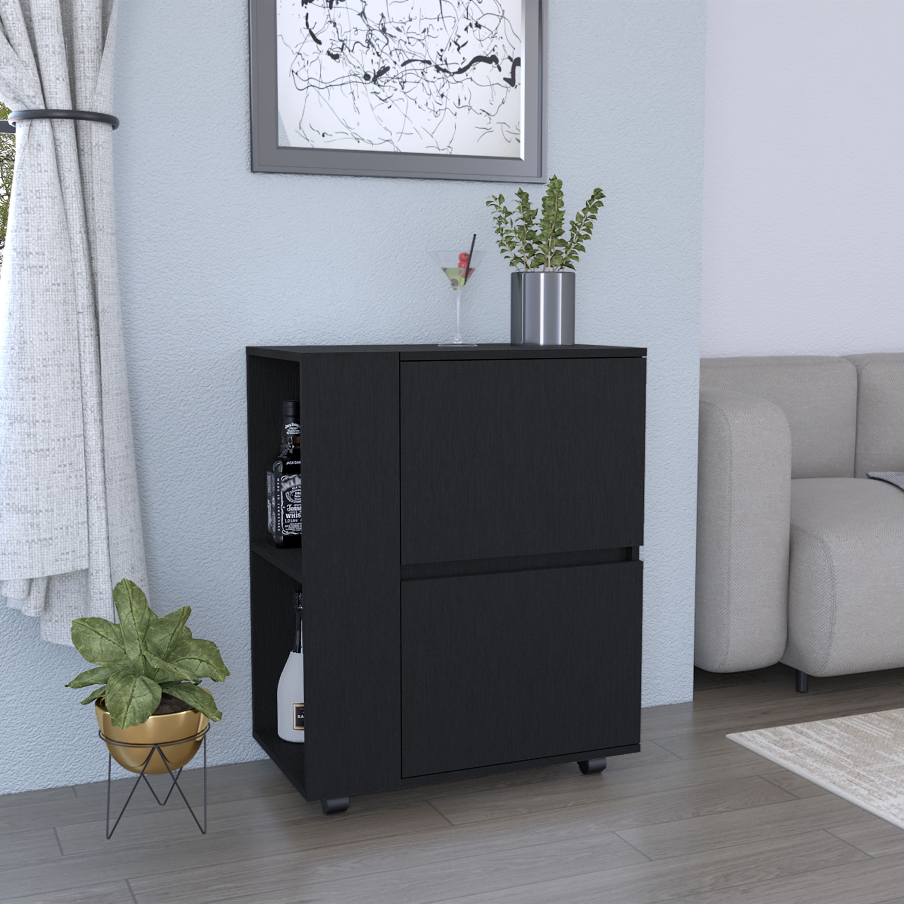 DUOSONG Glasgow Bar Cart Two Pull-Down Door Cabinets And Two Open ...