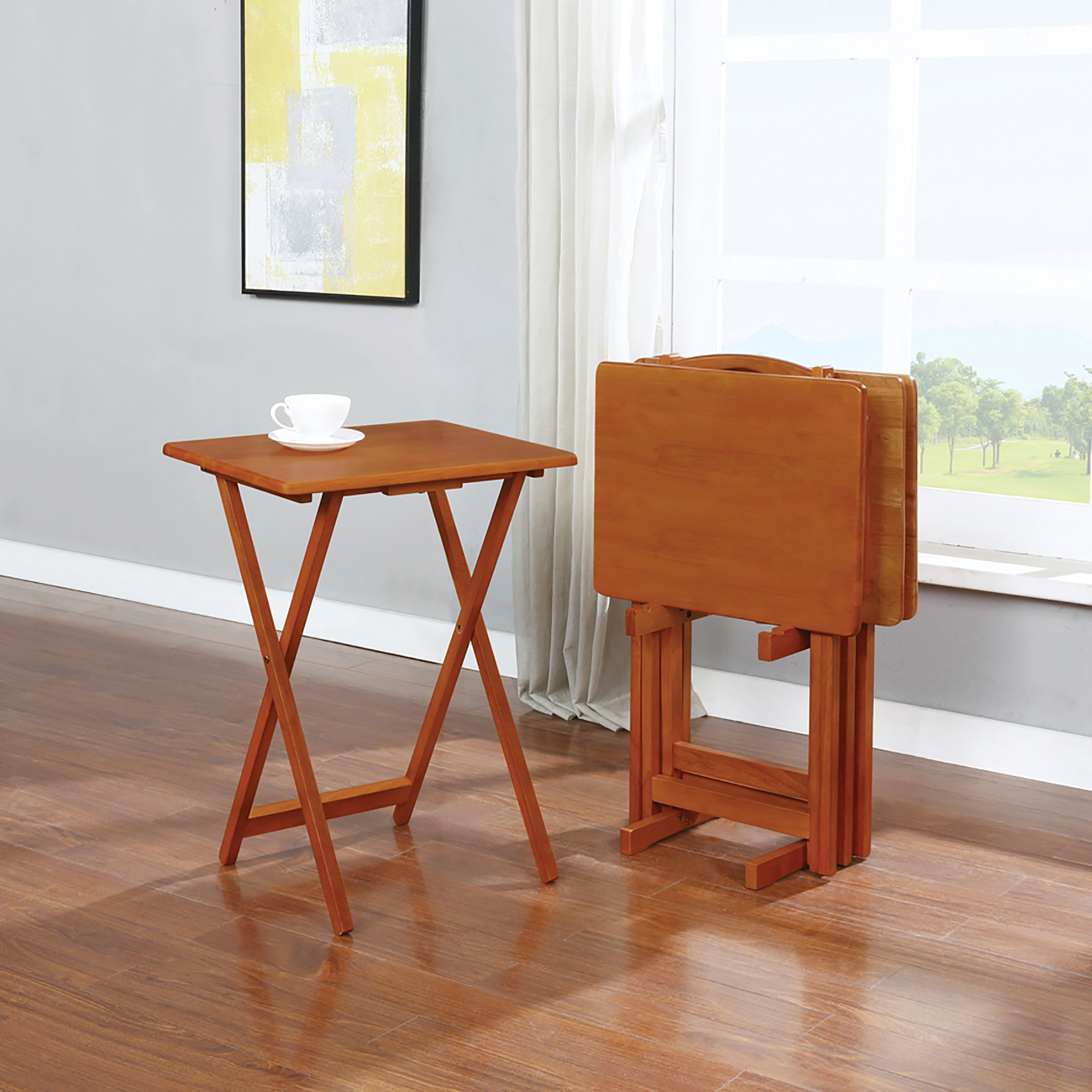 DUOSONG Golden Brown 5-Piece Tray Table Set With Stand Brown Wood ...