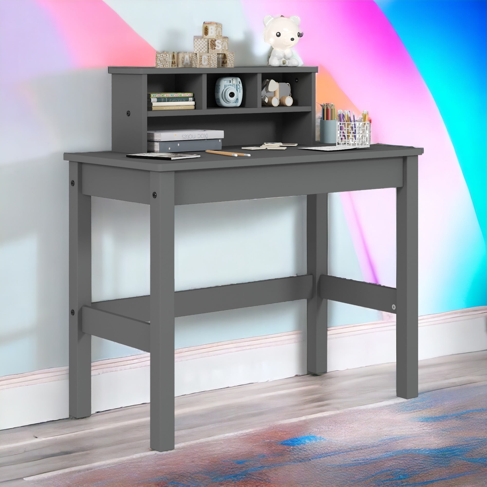 DUOSONG Grey Writing Desk With Hutch Grey Solid Wood+MDF Furniture ...
