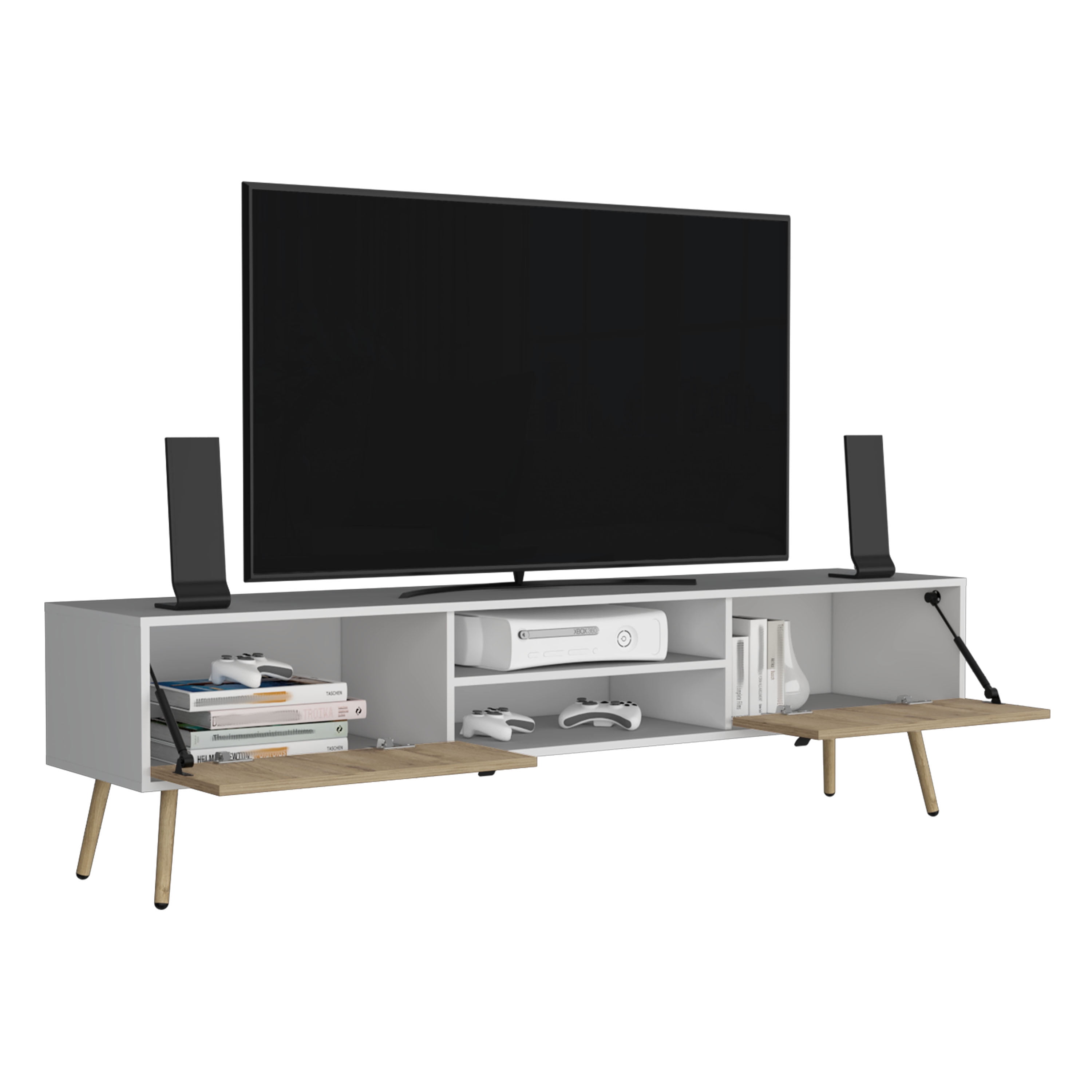 DUOSONG Huna Tv Stand, Dual-Tone With Hinged Drawers And Open Shelves ...
