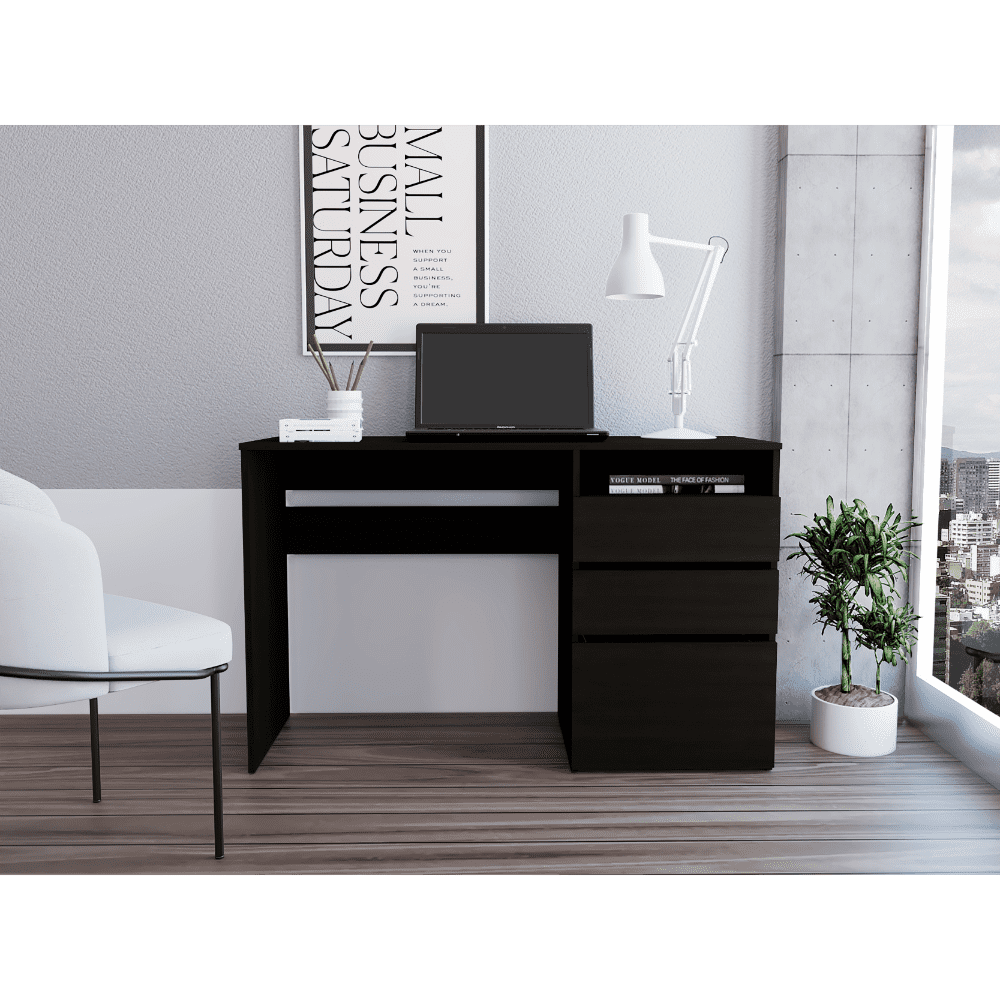 DUOSONG Kenai 3 Drawers Computer Desk, One Shelf, Black Black Particle ...