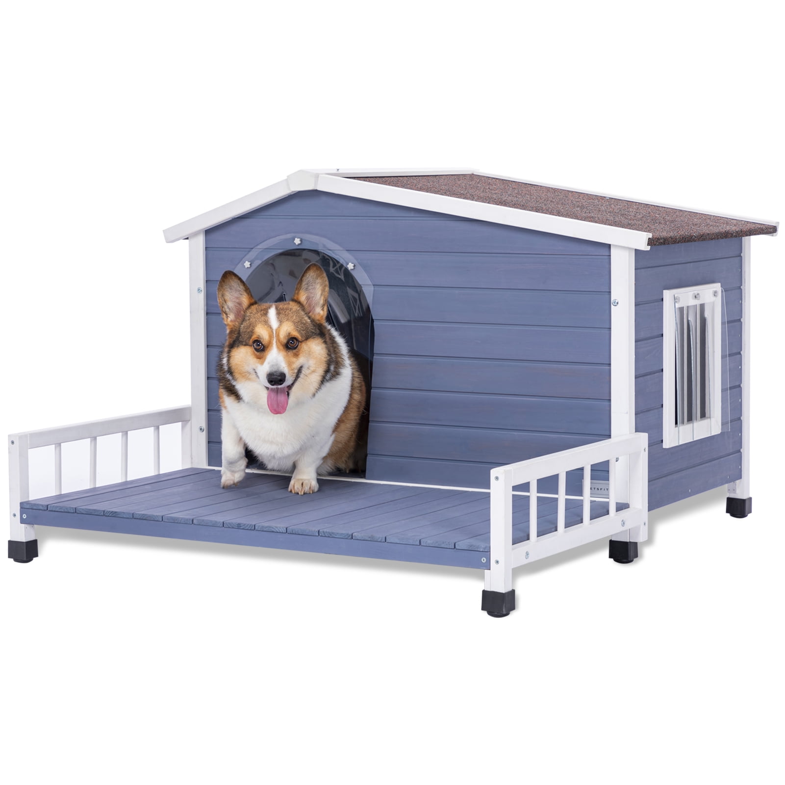 DUOSONG Large Wooden Dog House Indoor Outdoor With Terrace And Open ...