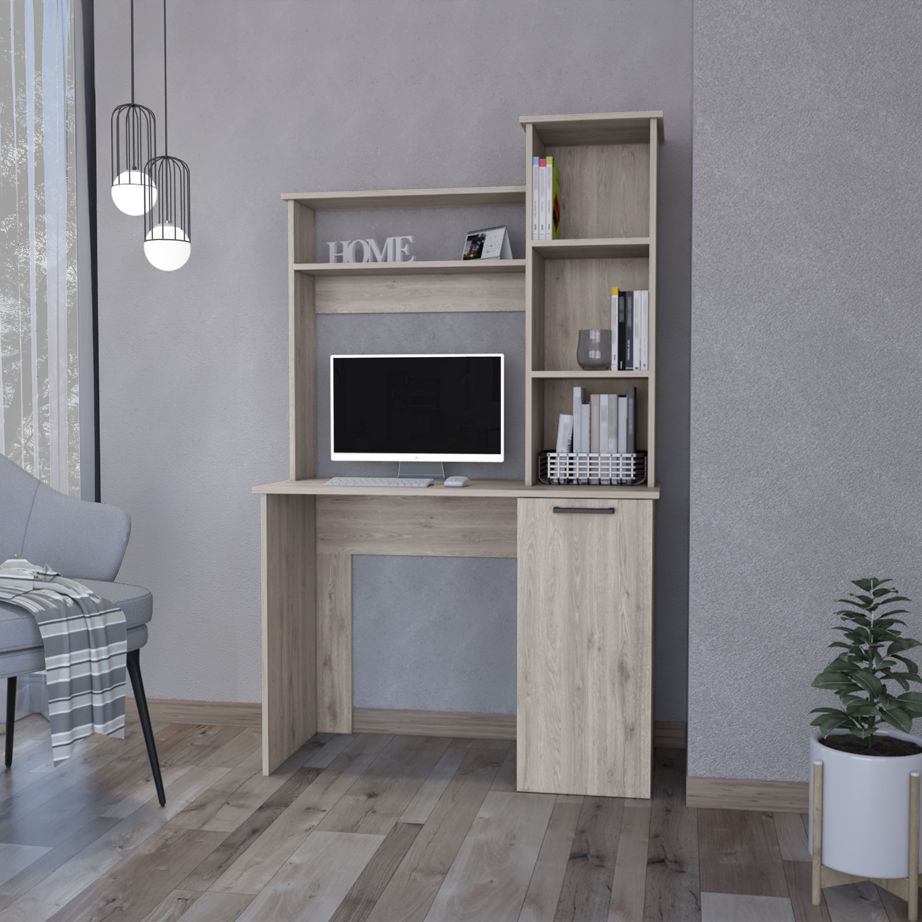 DUOSONG Light Gray 3-Tier Storage Shelves Computer Desk Light Gray Wood Furniture Office Desks ...