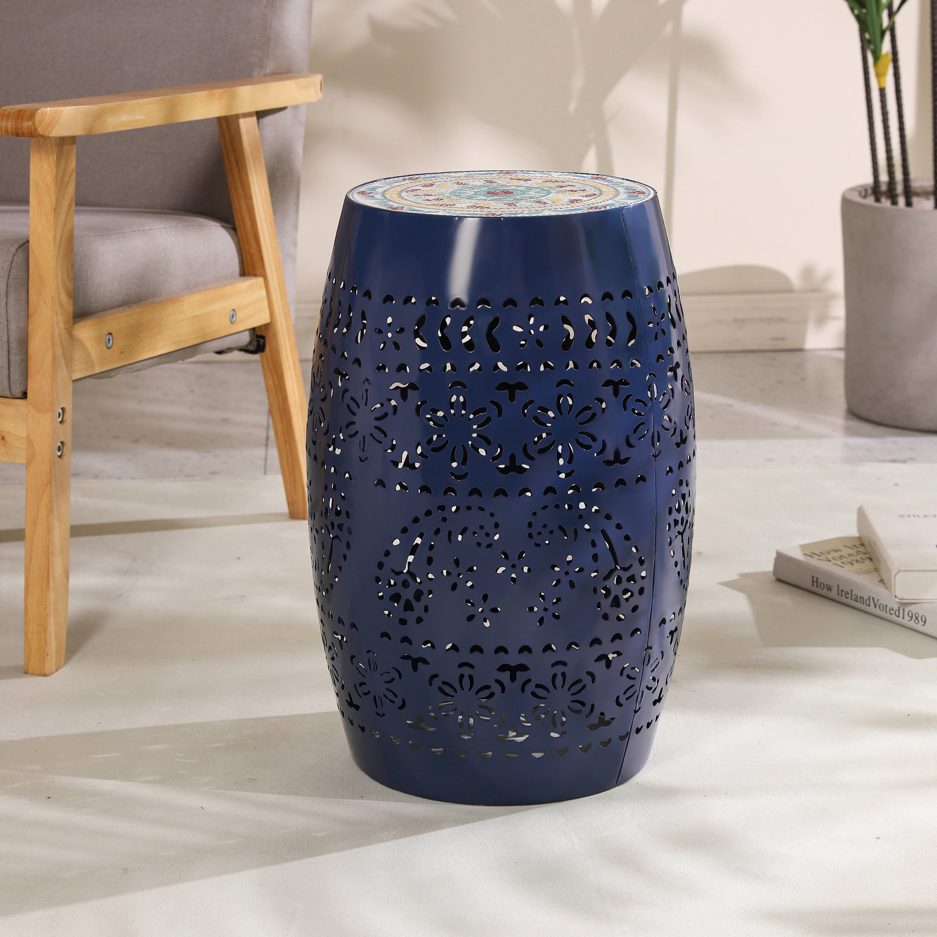 DUOSONG Lilac 12" Side Table -Dark Blue Dark Blue Ceramic Tile+Iron ...