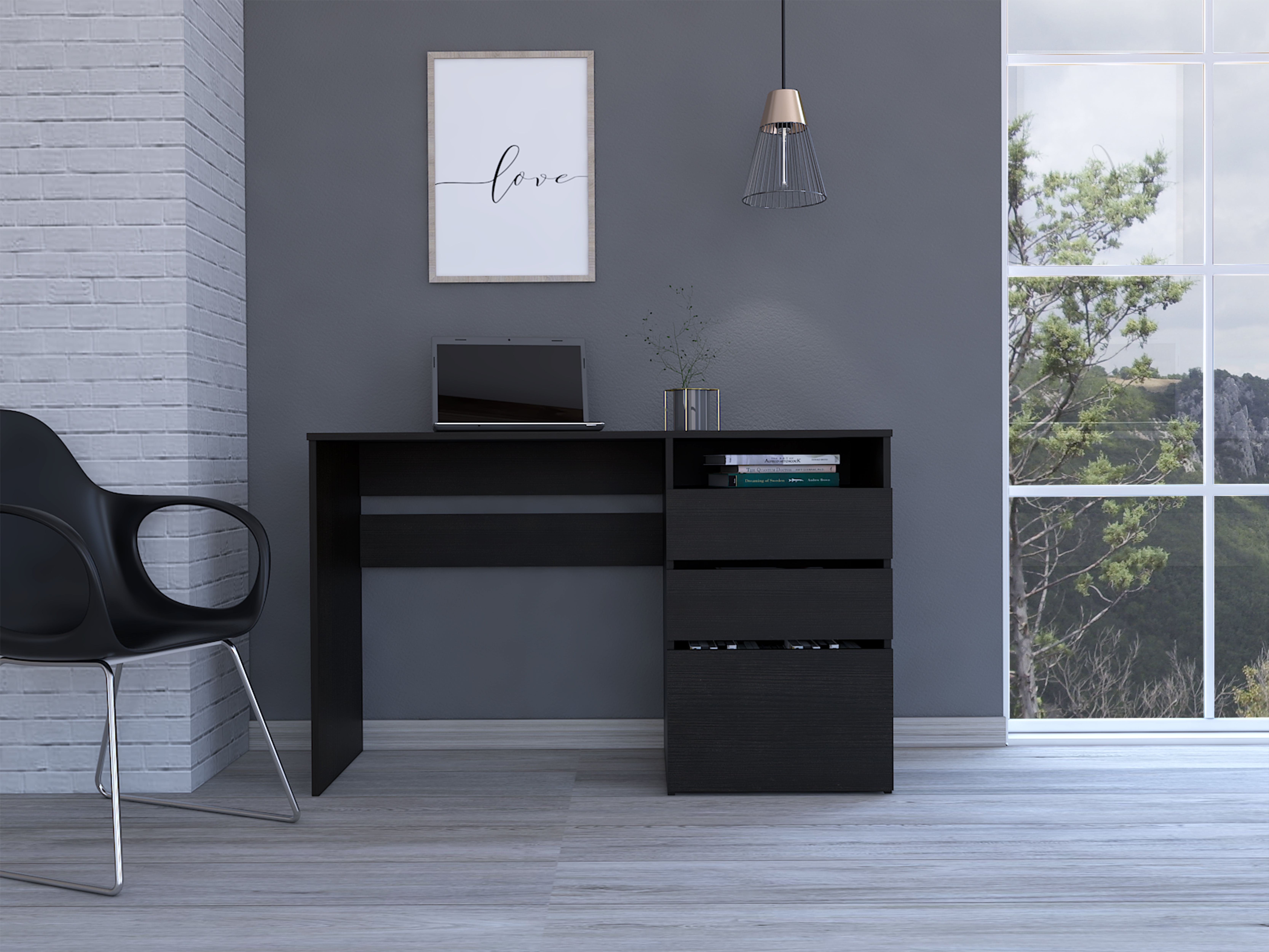 DUOSONG Louisiana Writing Computer Desk, Three Drawers Black Engineered ...