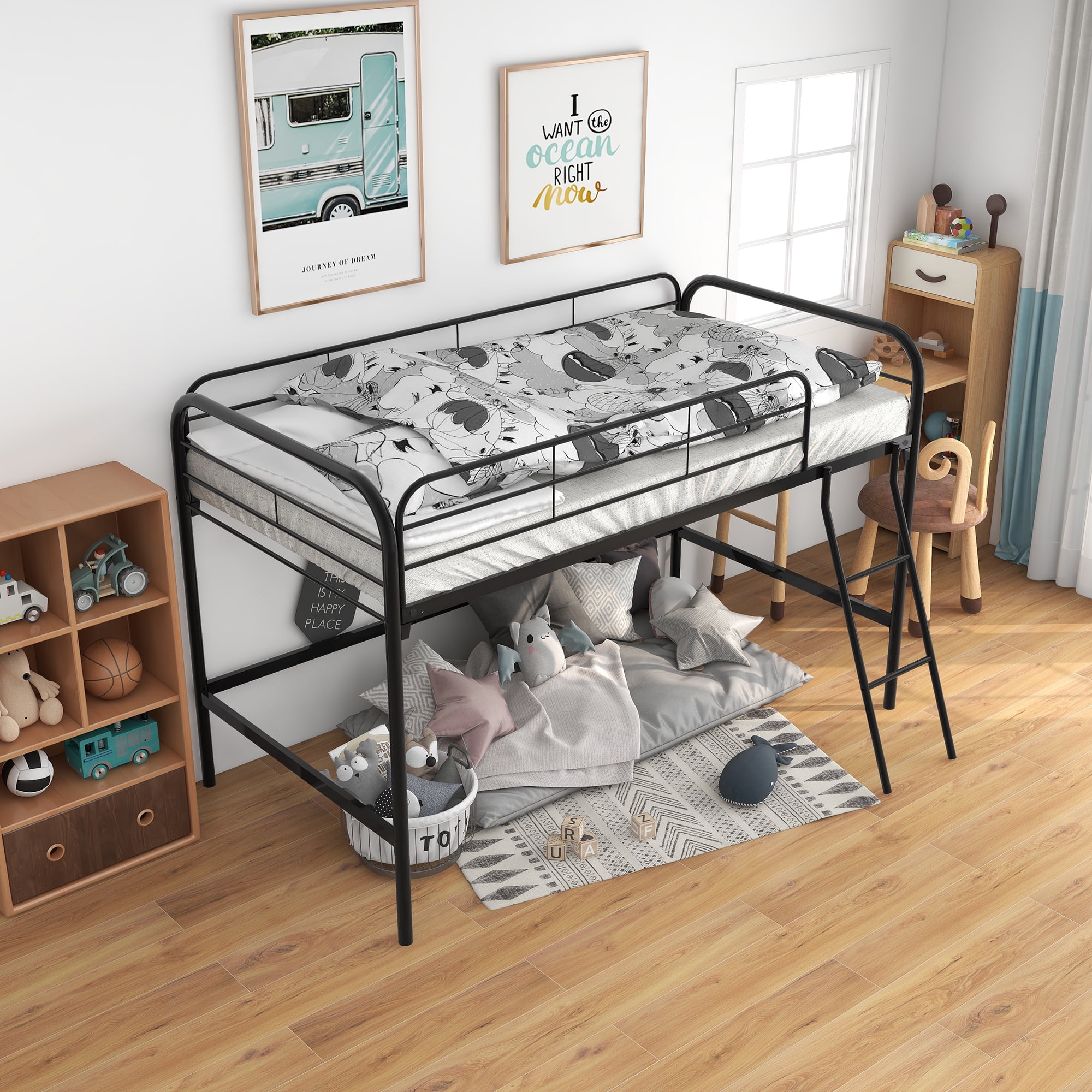 DUOSONG Metal Twin Loft Bed , Twin Size High Loft Bed Black Black Metal ...