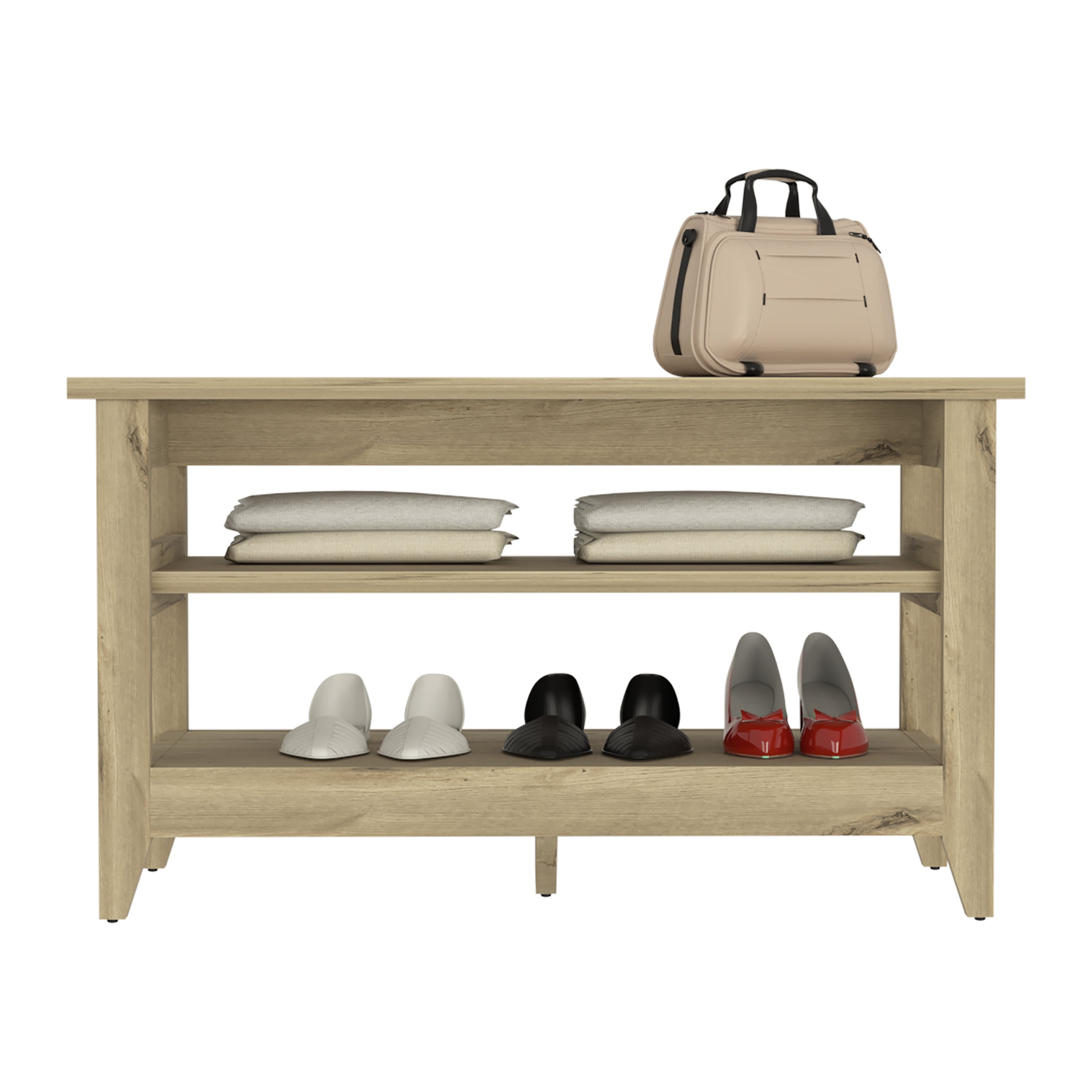 DUOSONG Misuri Storage Bench, Four Legs, Two Open Shelves -Light Oak ...