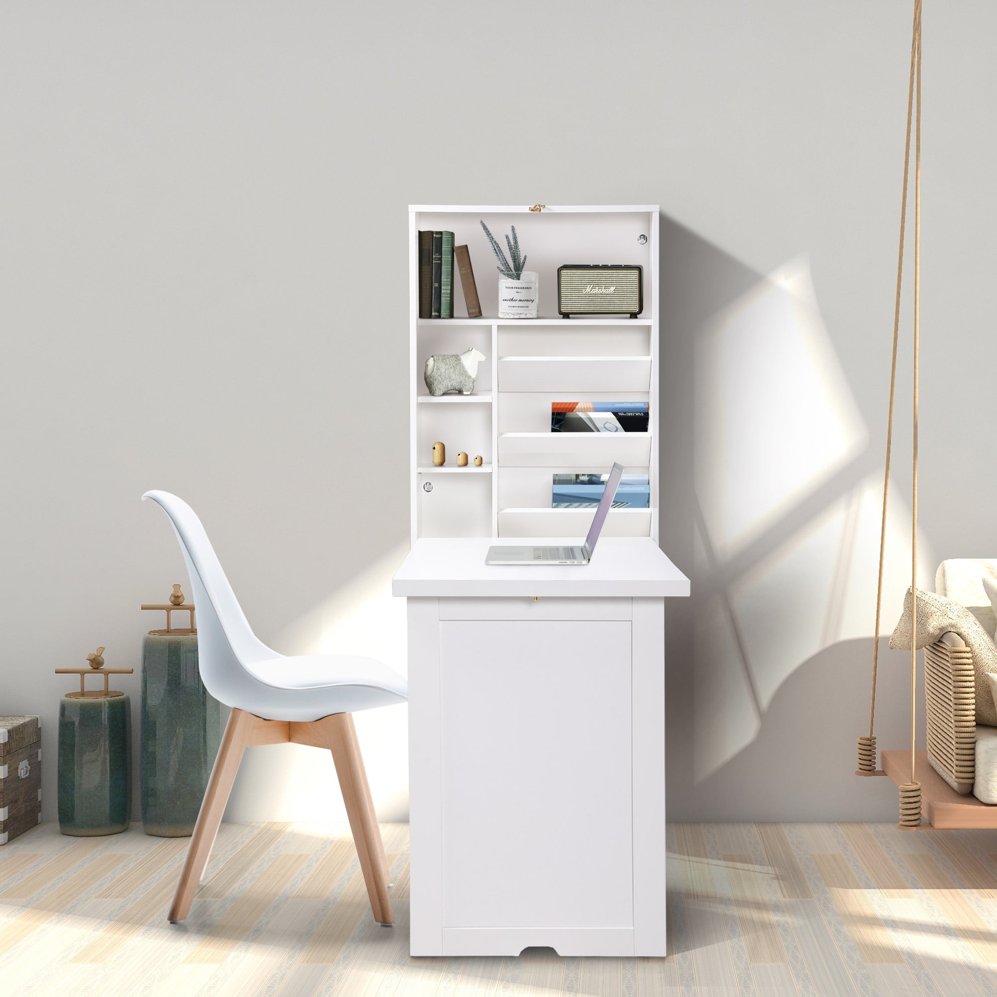DUOSONG Modern Compact Wood Wall Mounted Folding Desk Cabinet ...