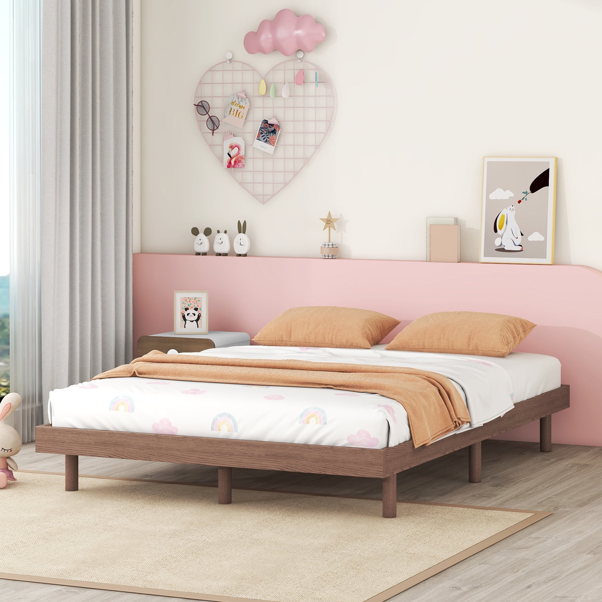 DUOSONG Modern Design Full Floating Platform Bed Frame For Walnut Color ...