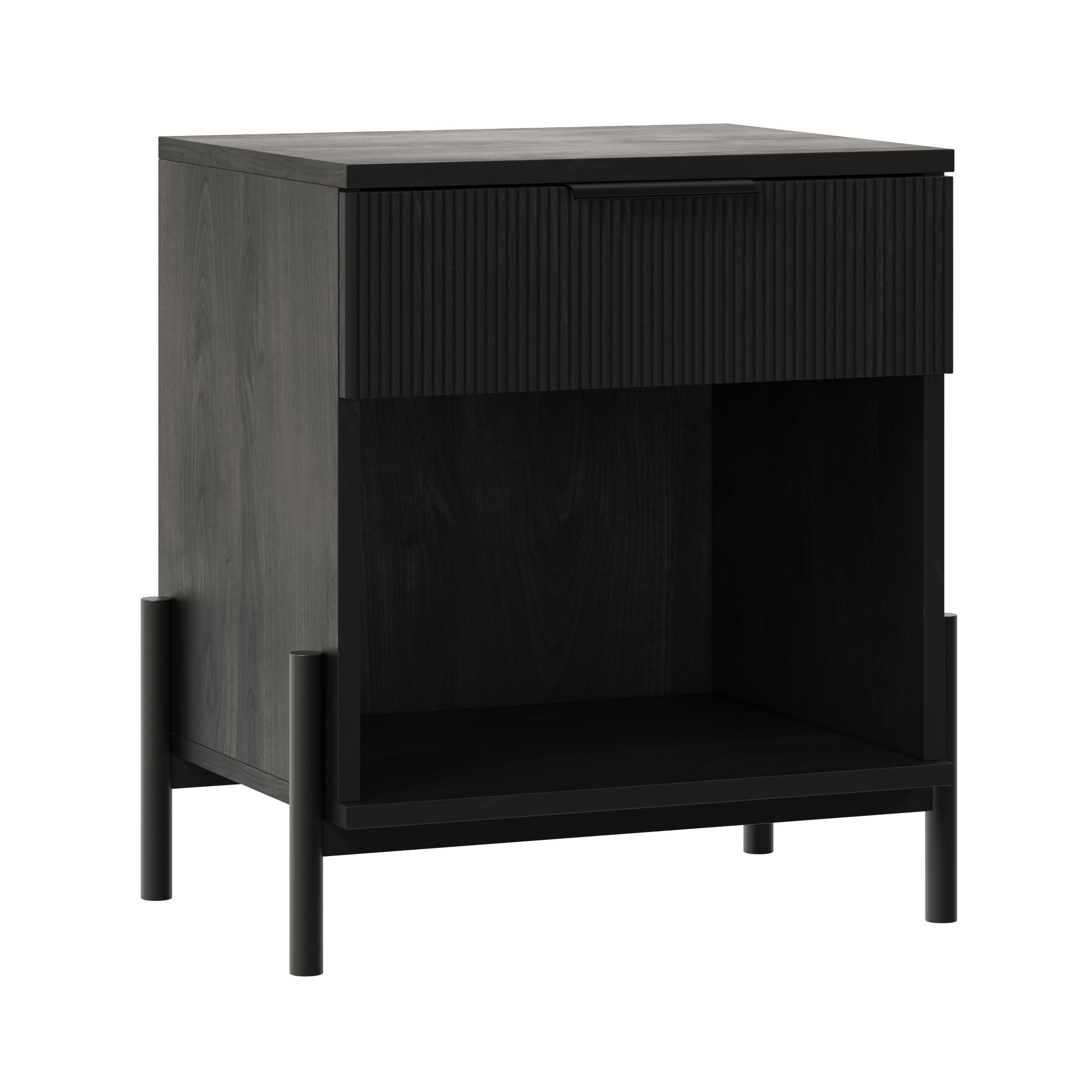 DUOSONG Modern Fluted-Drawer Nightstand With Open Cubby – Black Black ...