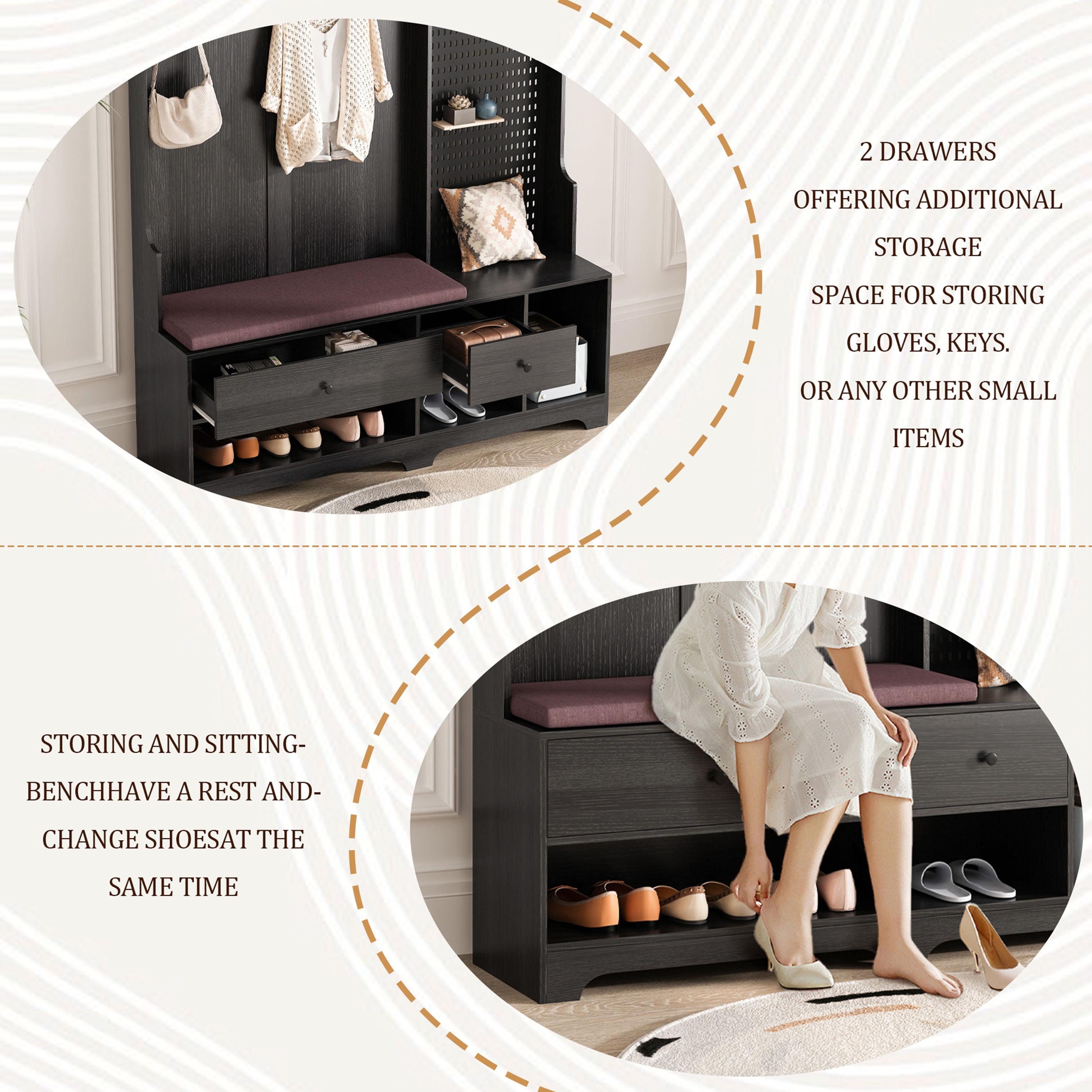 DUOSONG Multi-Purpose Hallway Hall Tree With Removable Linen Cushioned Entryway Bench, Coat Rack ...