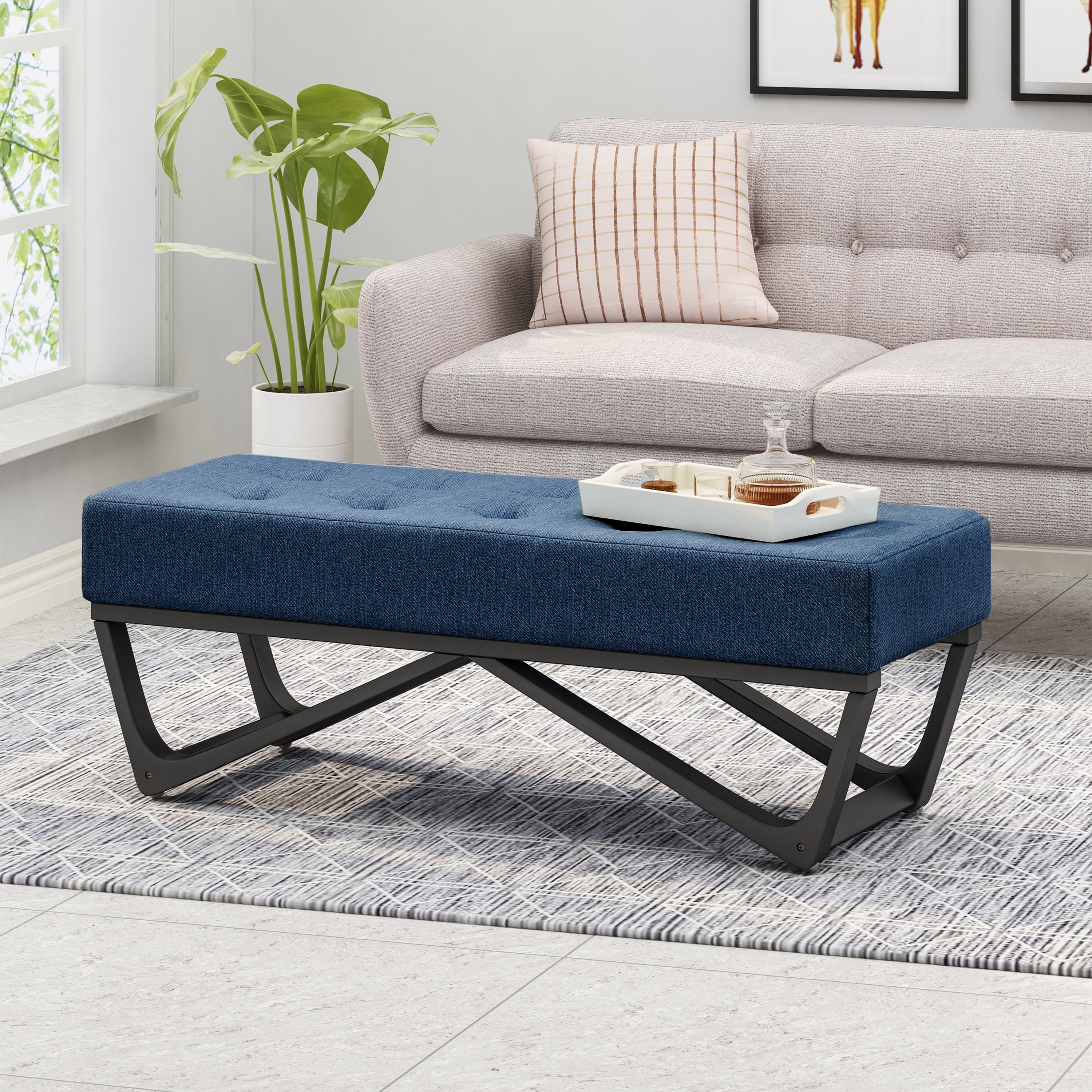 Navy Blue Ottoman Bench - 47.25" Upholstered Storage Footrest with ...