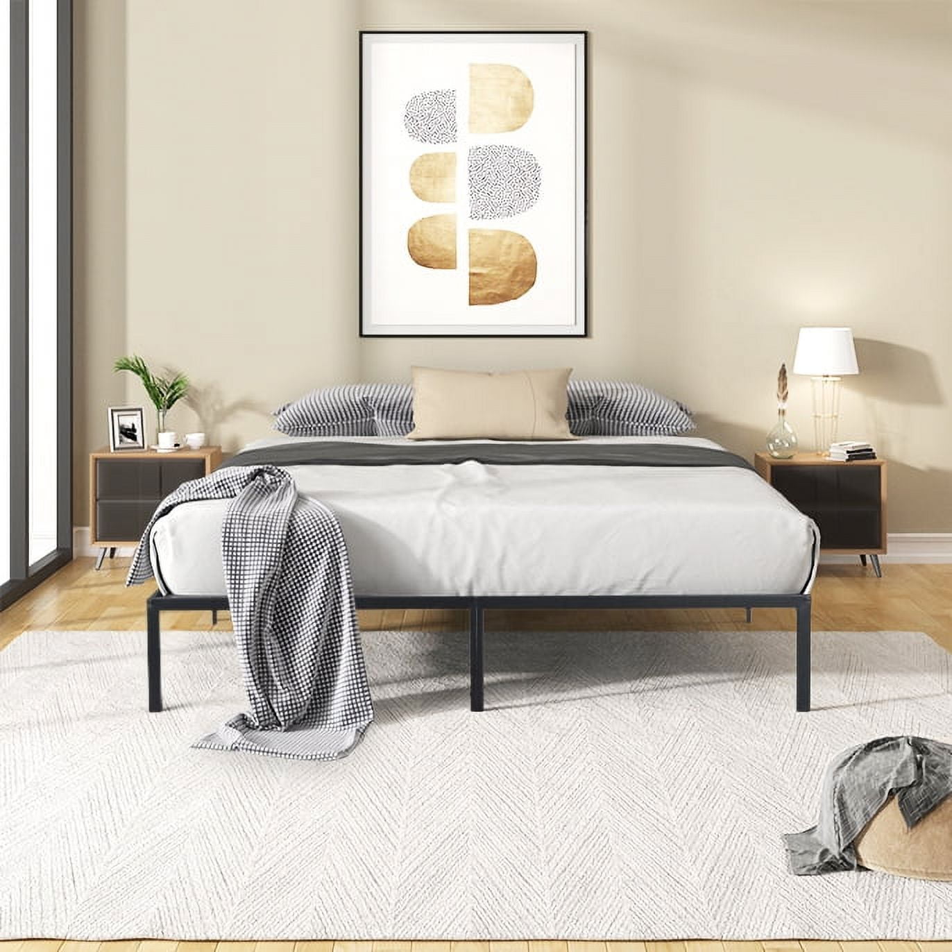 DUOSONG Queen Size Metal Bed Frame Black Steel Furniture Bedroom ...