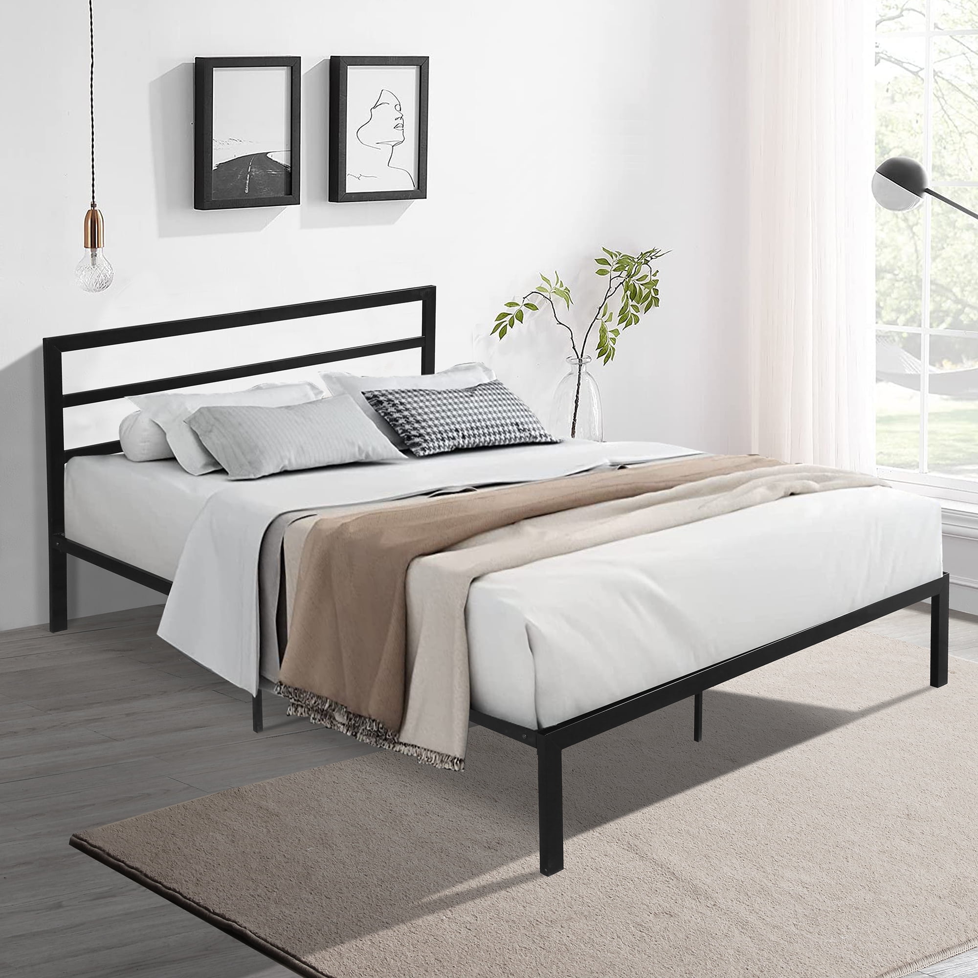 DUOSONG Queen Size Metal Bed Frame With Headboard Black Black Metal ...