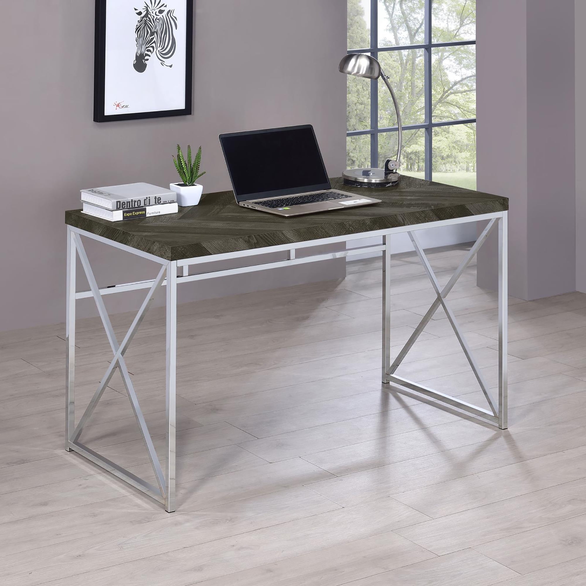 DUOSONG Rustic Grey Herringbone And Chrome Desk, 23.5 x 47.25 in, Gray ...