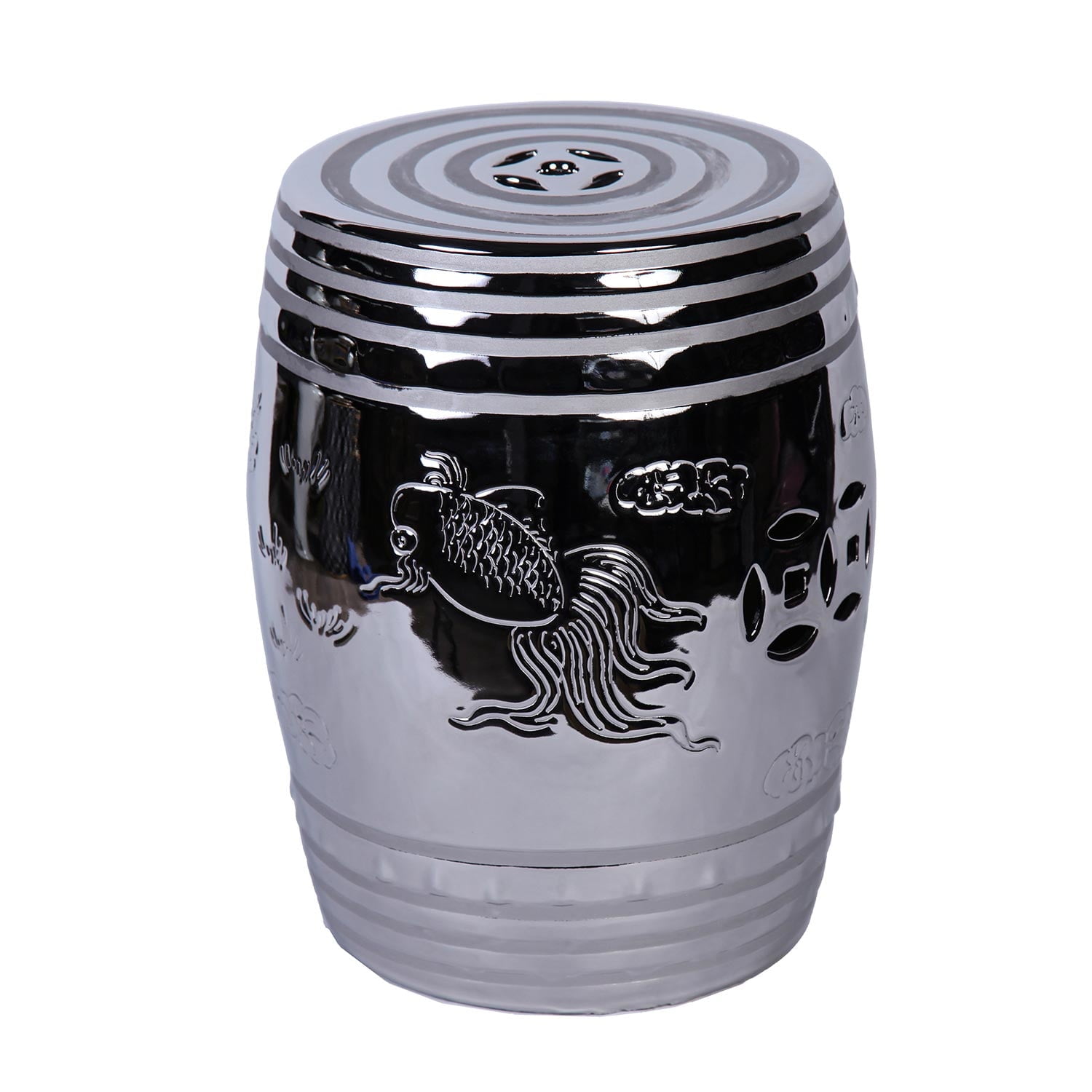 DUOSONG Silver End Table with Etched Asian Design and Ceramic, Silver ...