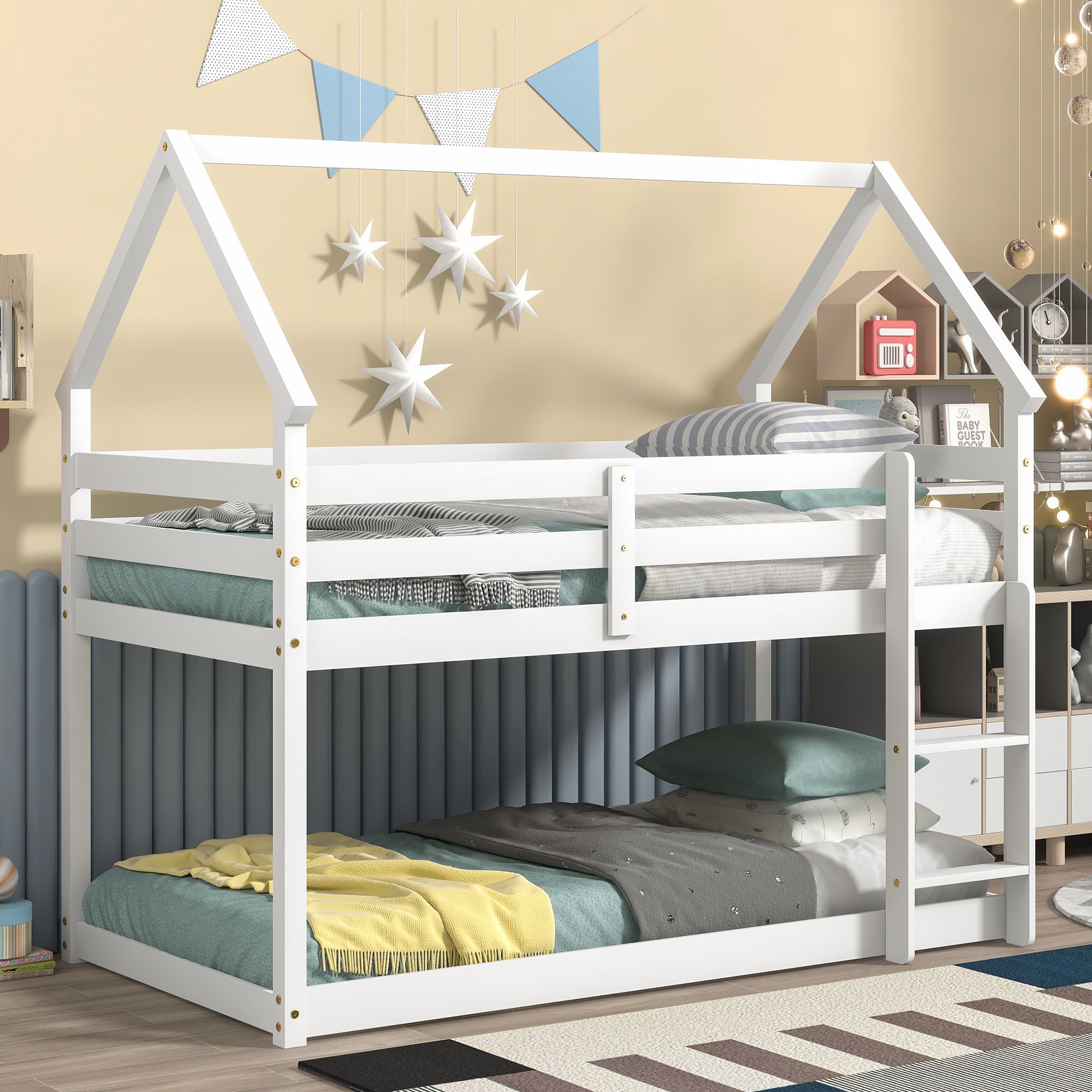 DUOSONG Twin Over Twin Loft Bed With Roof Design, Safety Guardrail ...