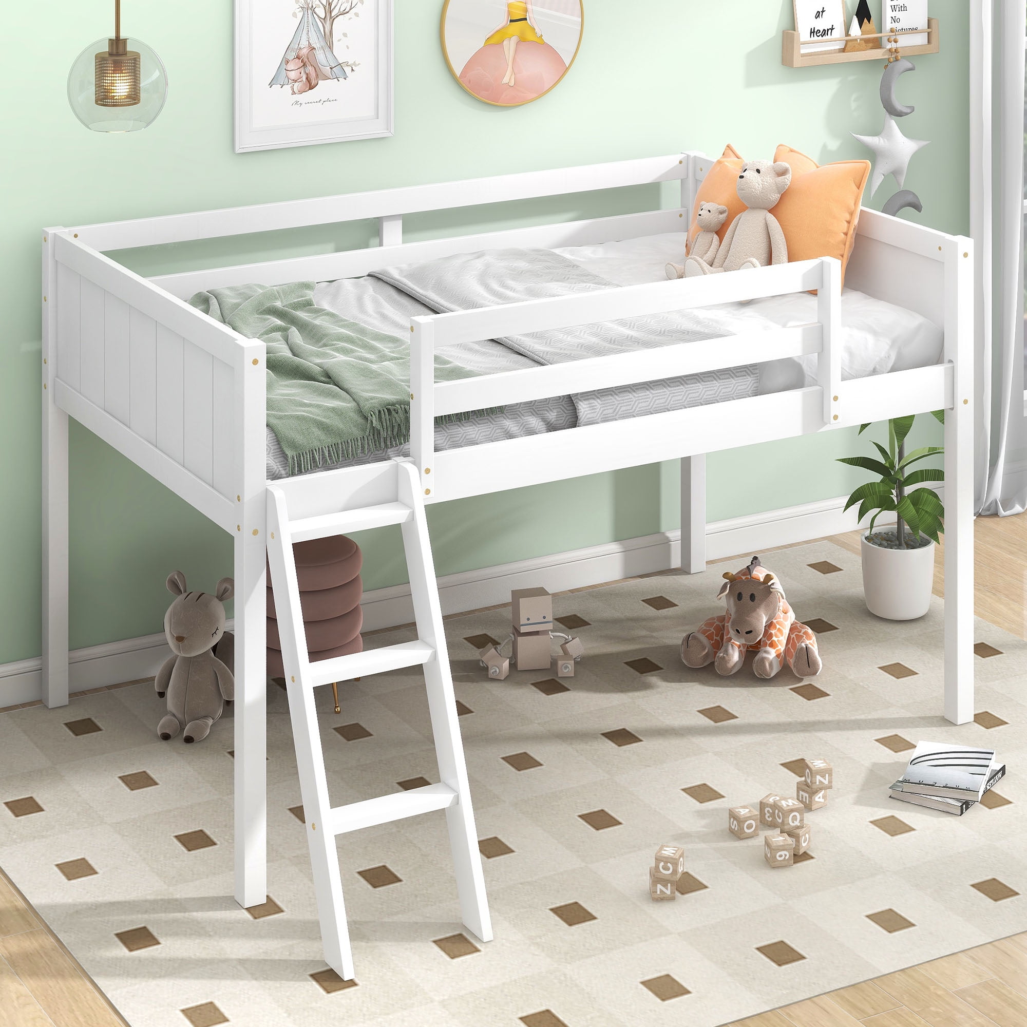 DUOSONG Twin Size Wood Low Loft Bed With Ladder, Ladder Can Be Placed ...