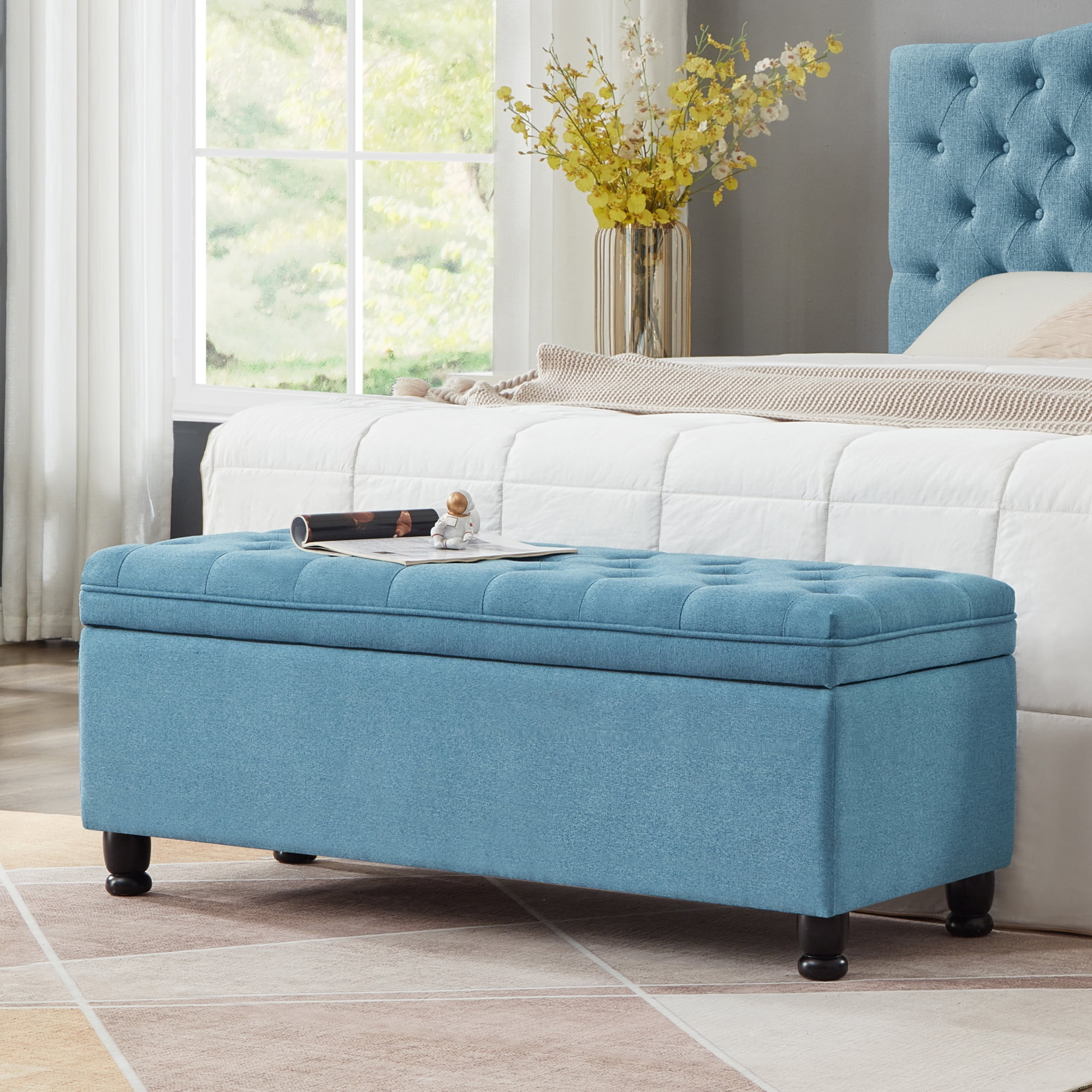 DUOSONG Upholstered Tufted Button Storage Bench ,Linen Fabric Entry ...