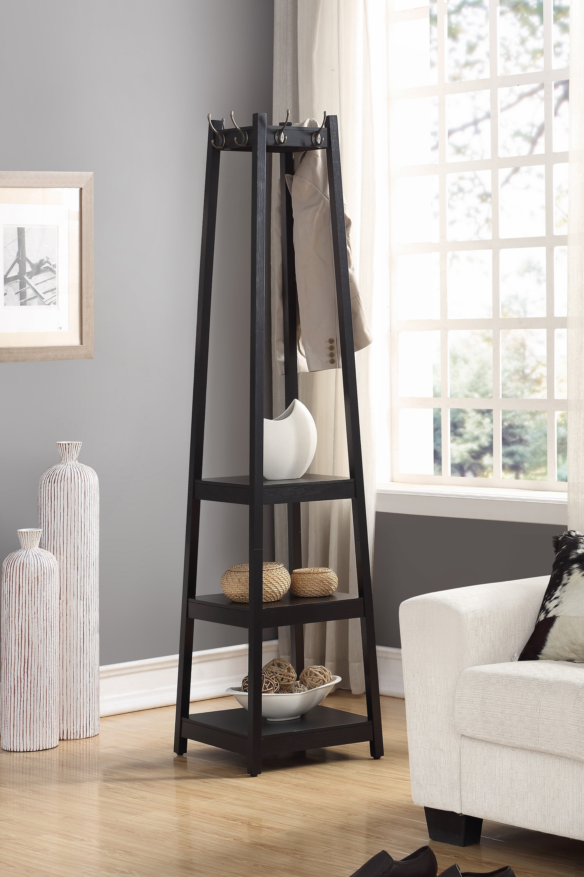 Hall Tree Vassen Coat Rack w/ 3-Tier Storage Shelves in Black Finish ...