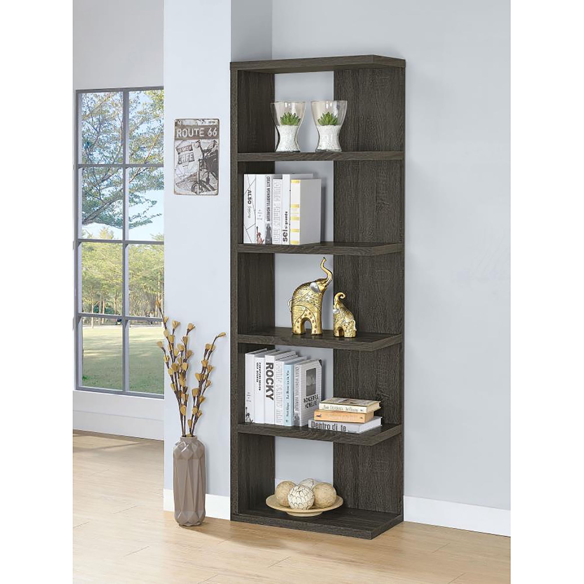 DUOSONG Weathered Grey 5-Shelf Bookcase Grey Wood Furniture Primary ...
