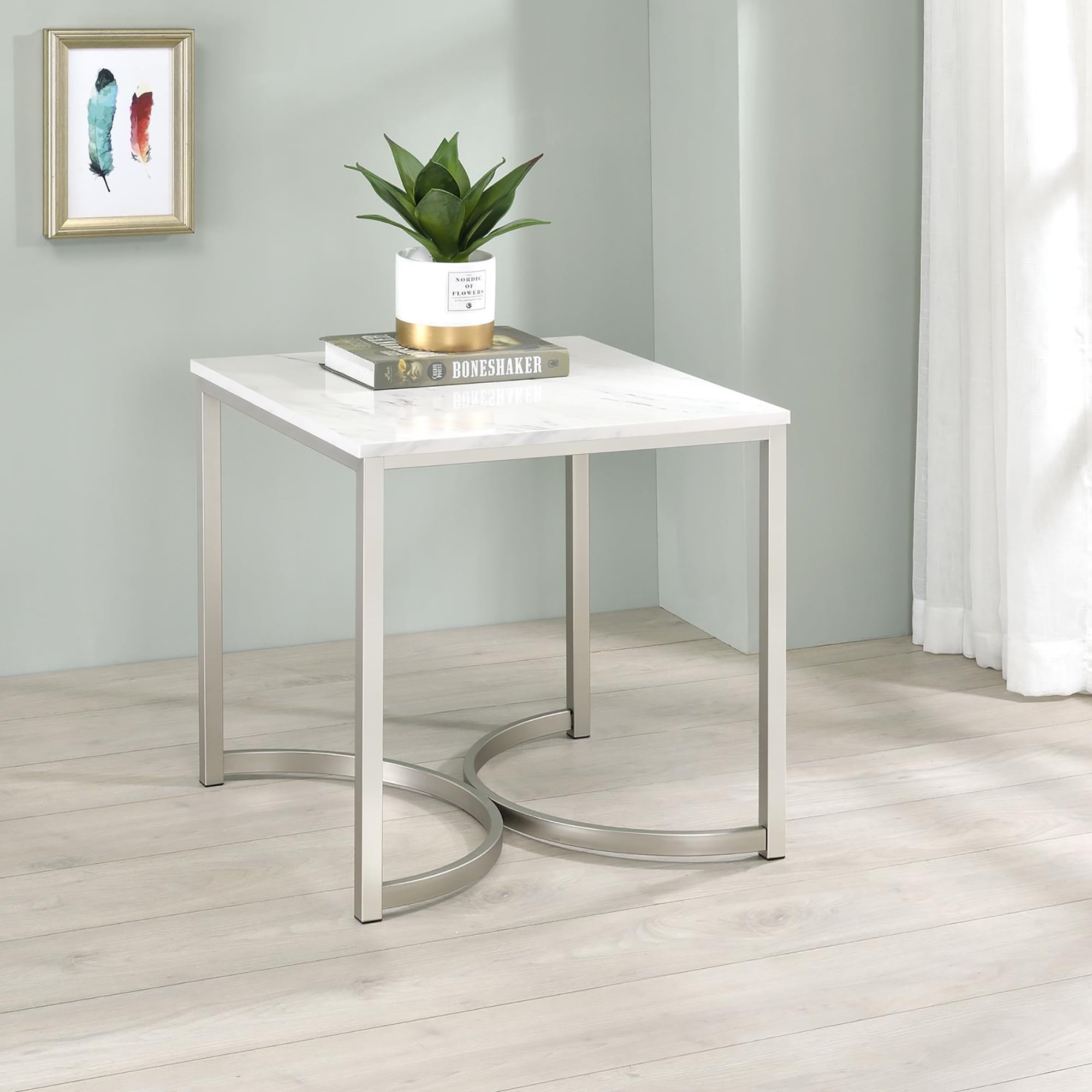 DUOSONG White Faux Marble And Satin Nickel Coffee Table White Metal ...