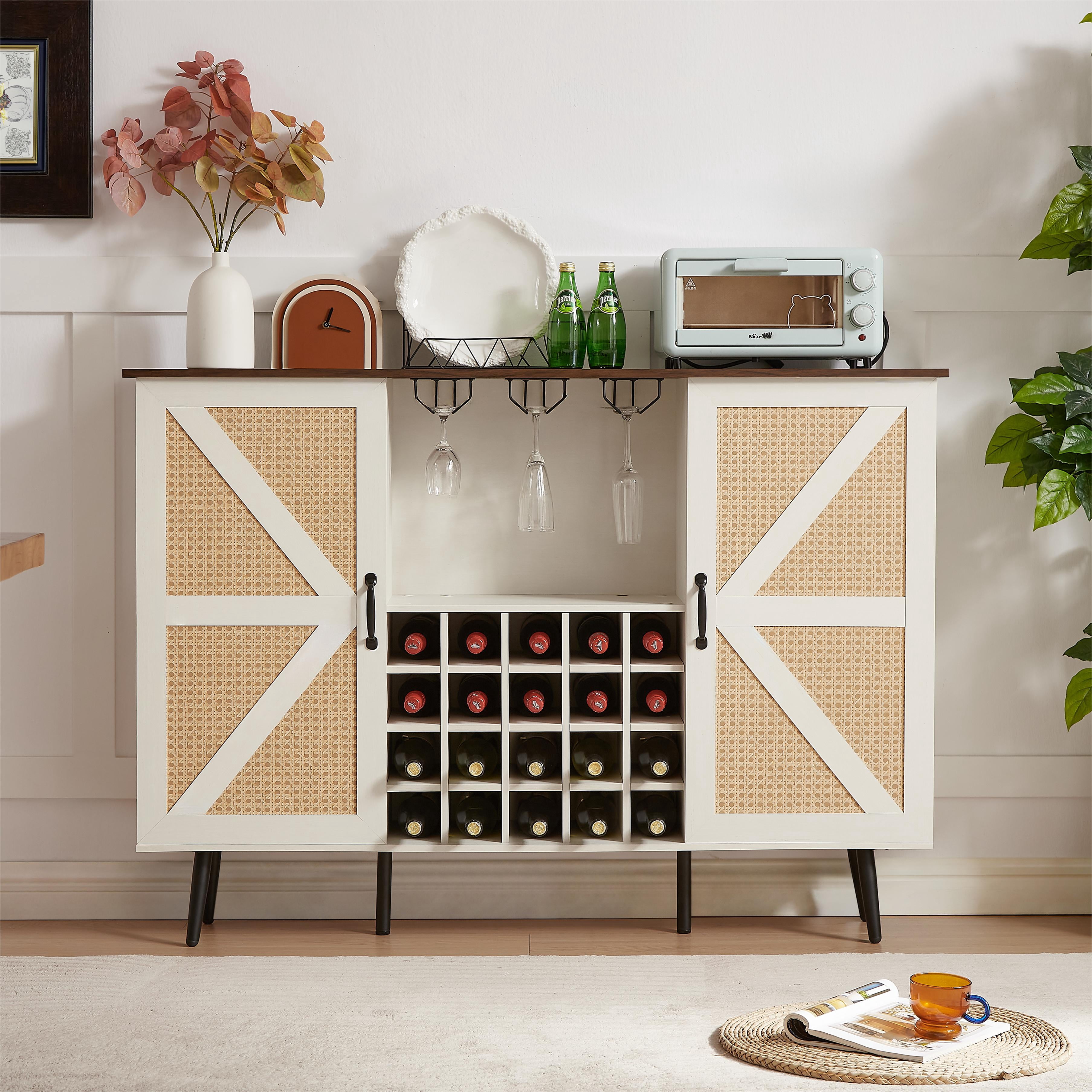 DUOSONG White Faux Rattan Barn Door Wine Cabinet With Wine Rack And ...