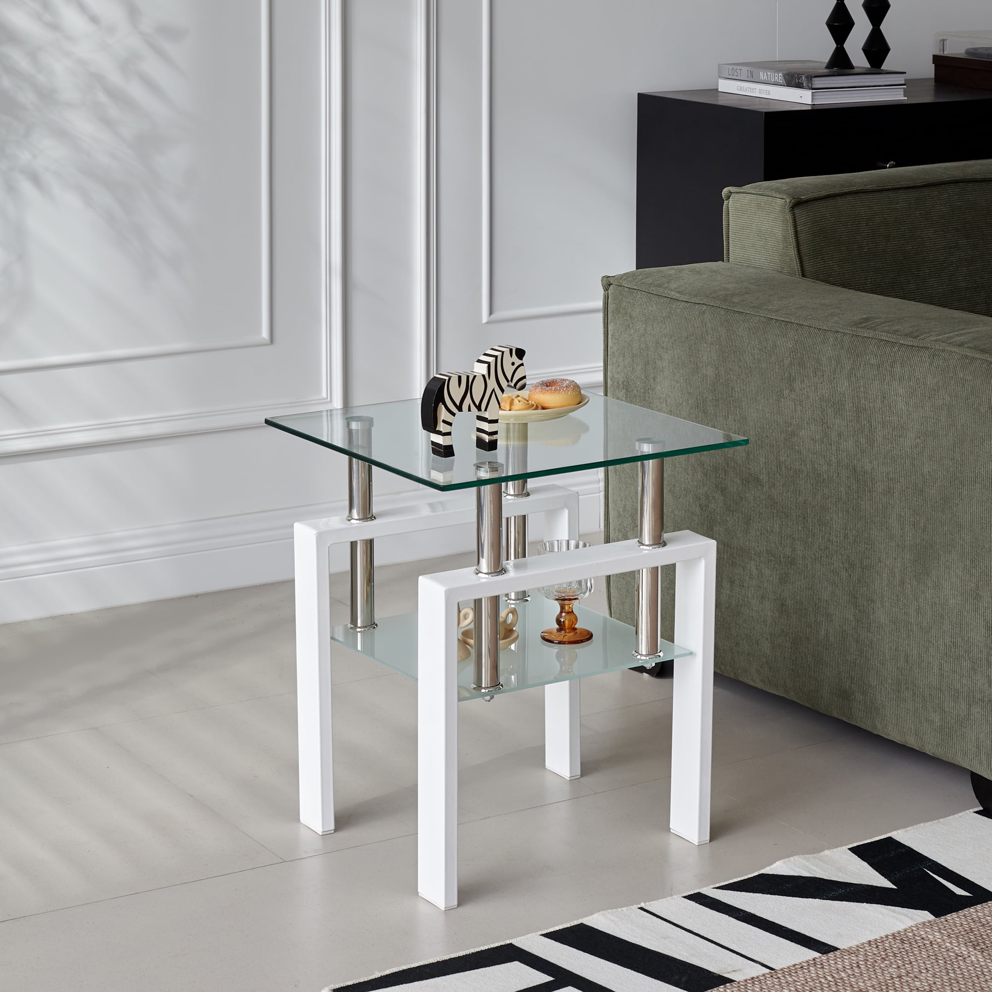 Coffee Tables White Tempered Clear Glass End Table, 2-Layers Small ...
