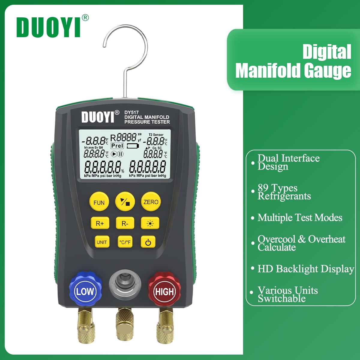 DUOYI Digital Manifold Gauge 2-Valve HVAC Vacuum Refrigeration Meter ...