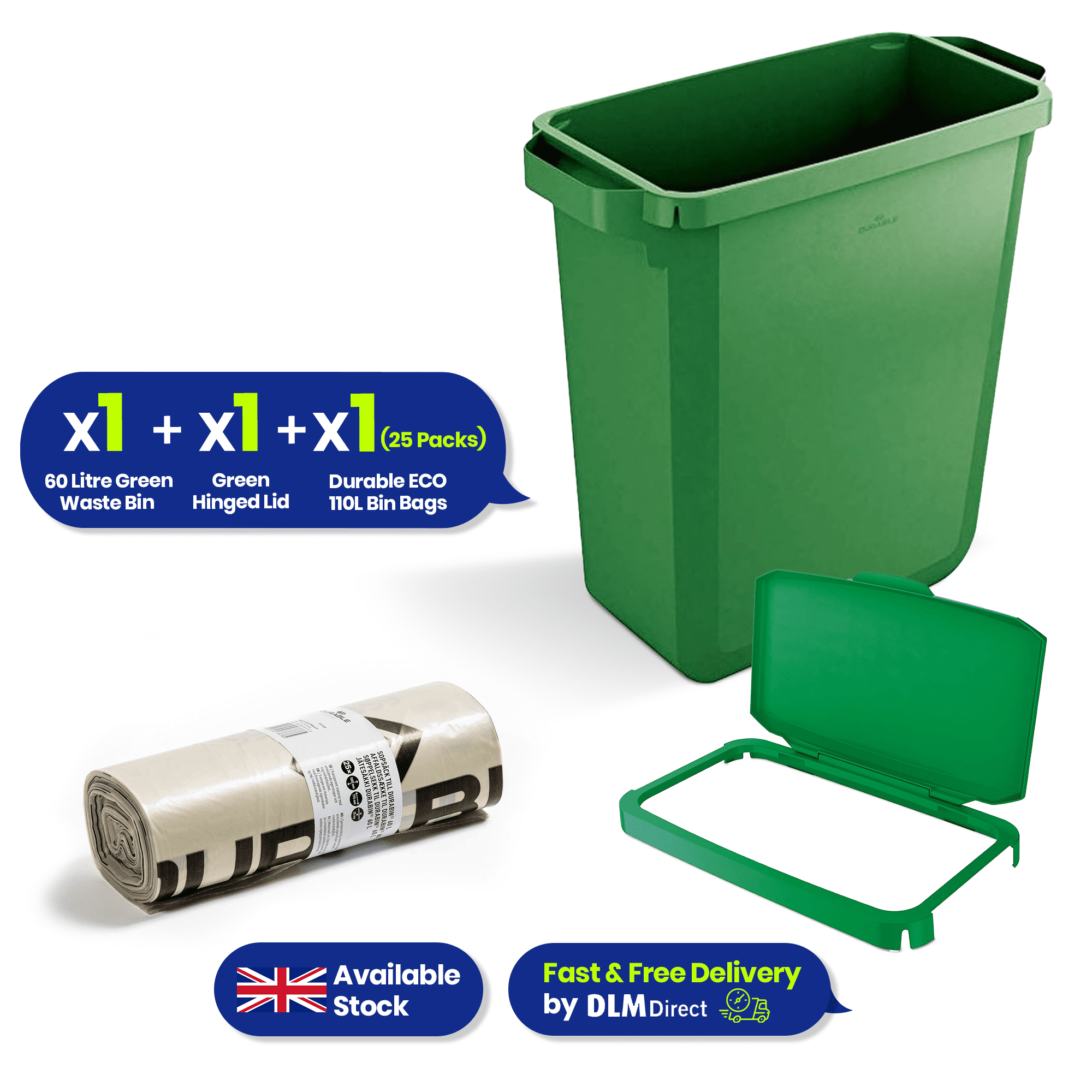 DURABIN 60L Green Bin & Green Hinged Lid and 25x 110L Eco Bin Bags ...