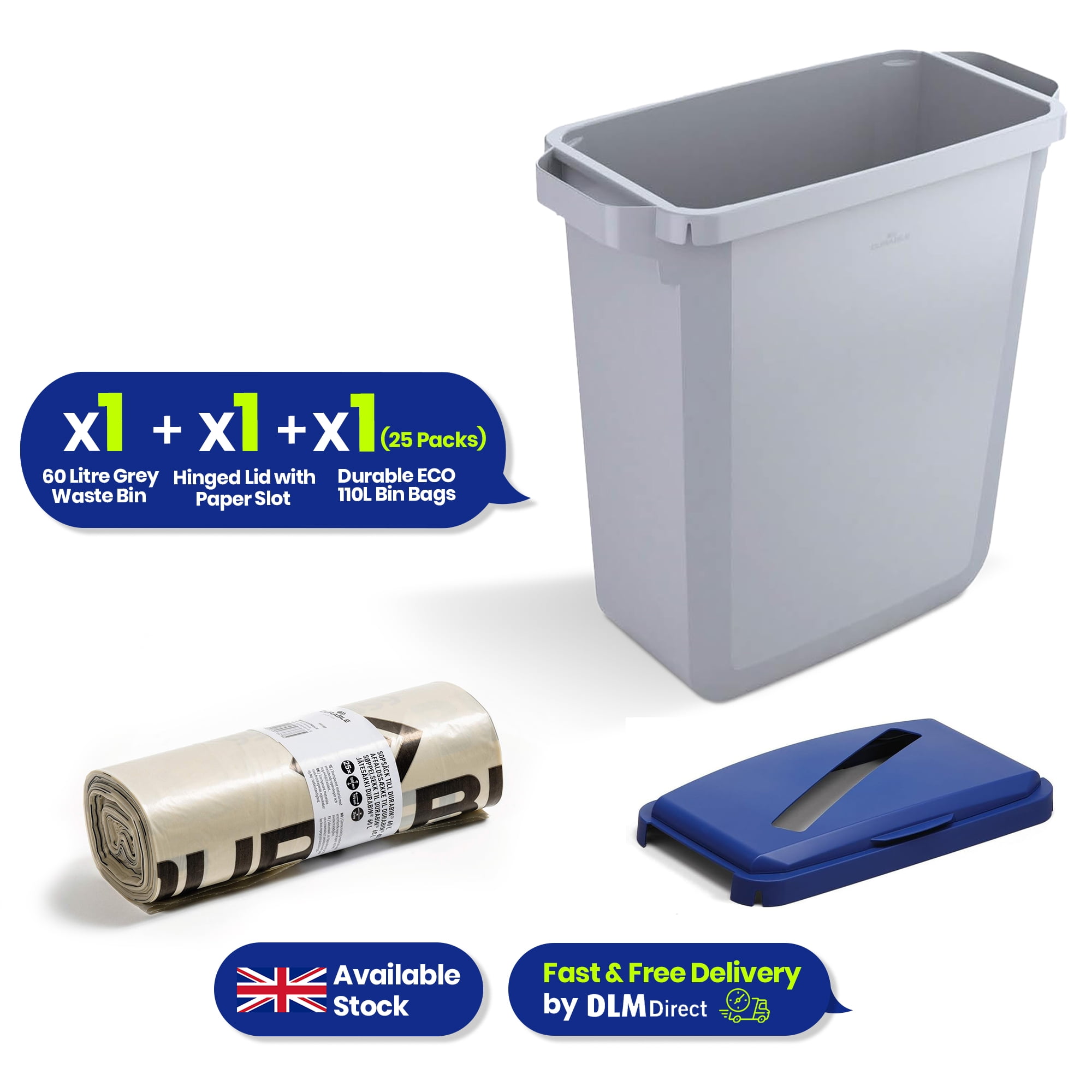 DURABIN 60L Grey Bin and Blue Hinged Lid with Paper Slot & 25x 110L Bin ...