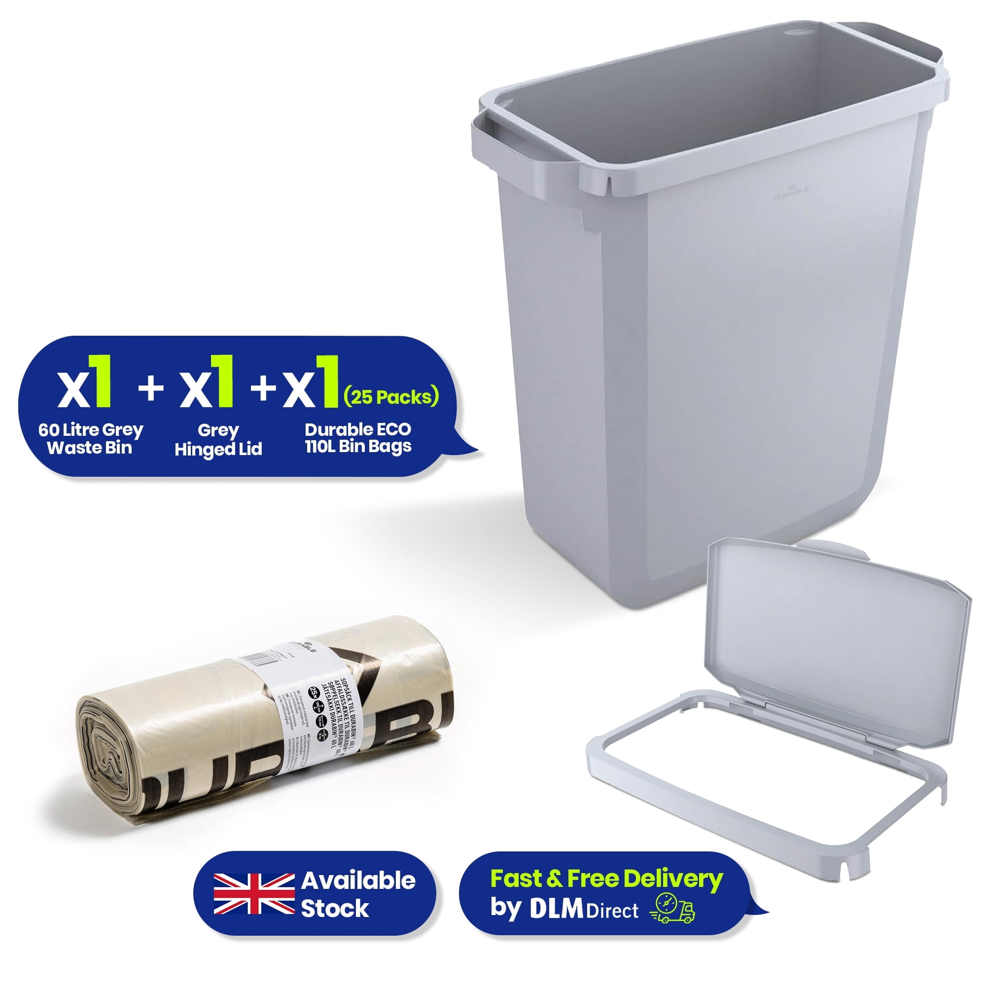 DURABIN 60L Grey Bin and Grey Hinged Lid & 25x 110L Bin Bags - Walmart.com