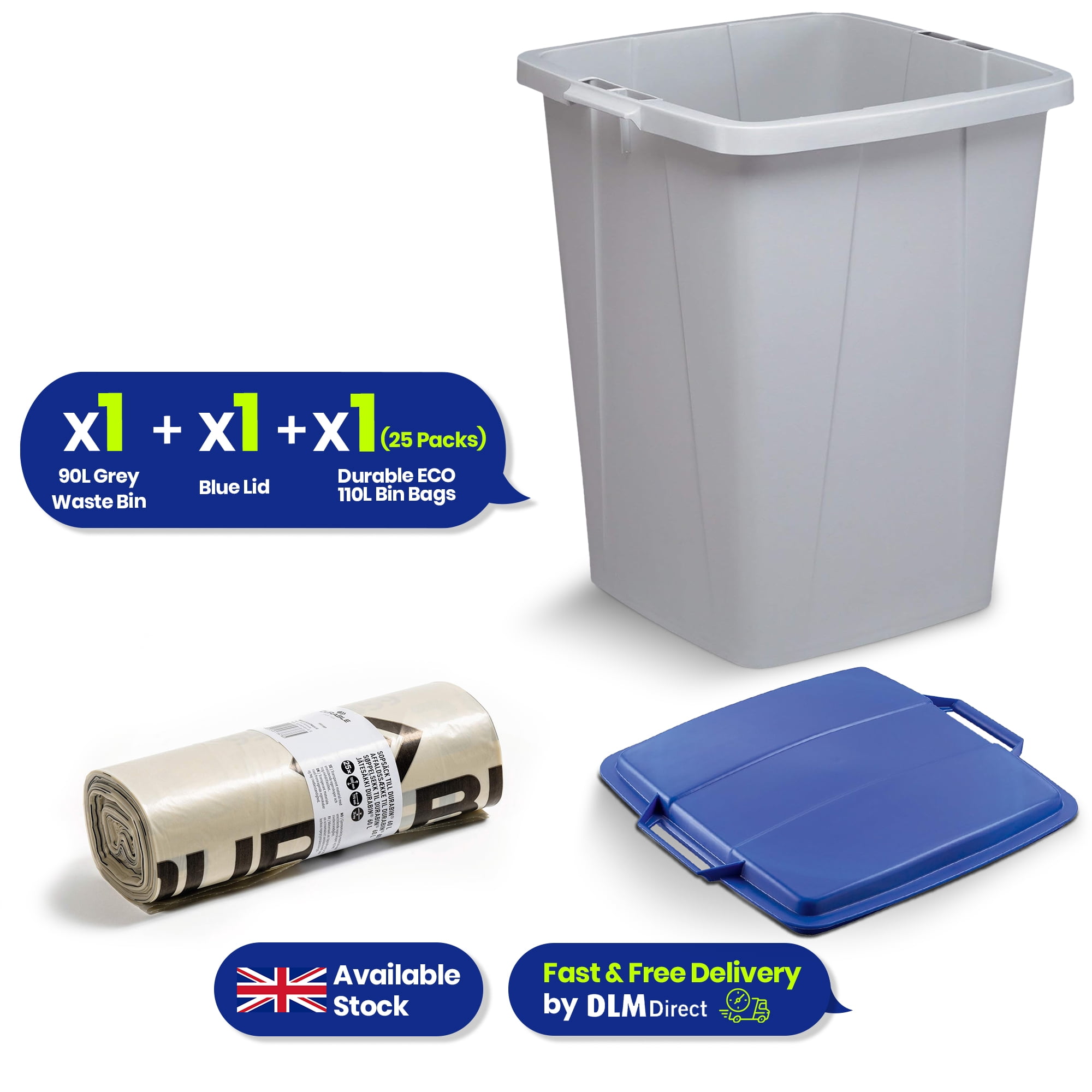 DURABIN 90L Grey Bin Set with Blue Lid and Strong 110L Bin Bags ...