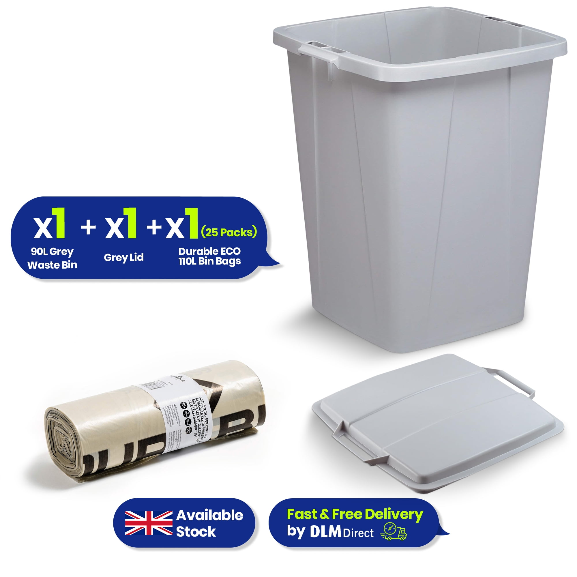 DURABIN 90L Grey Bin Set with Grey Lid and Strong 110L Bin Bags ...