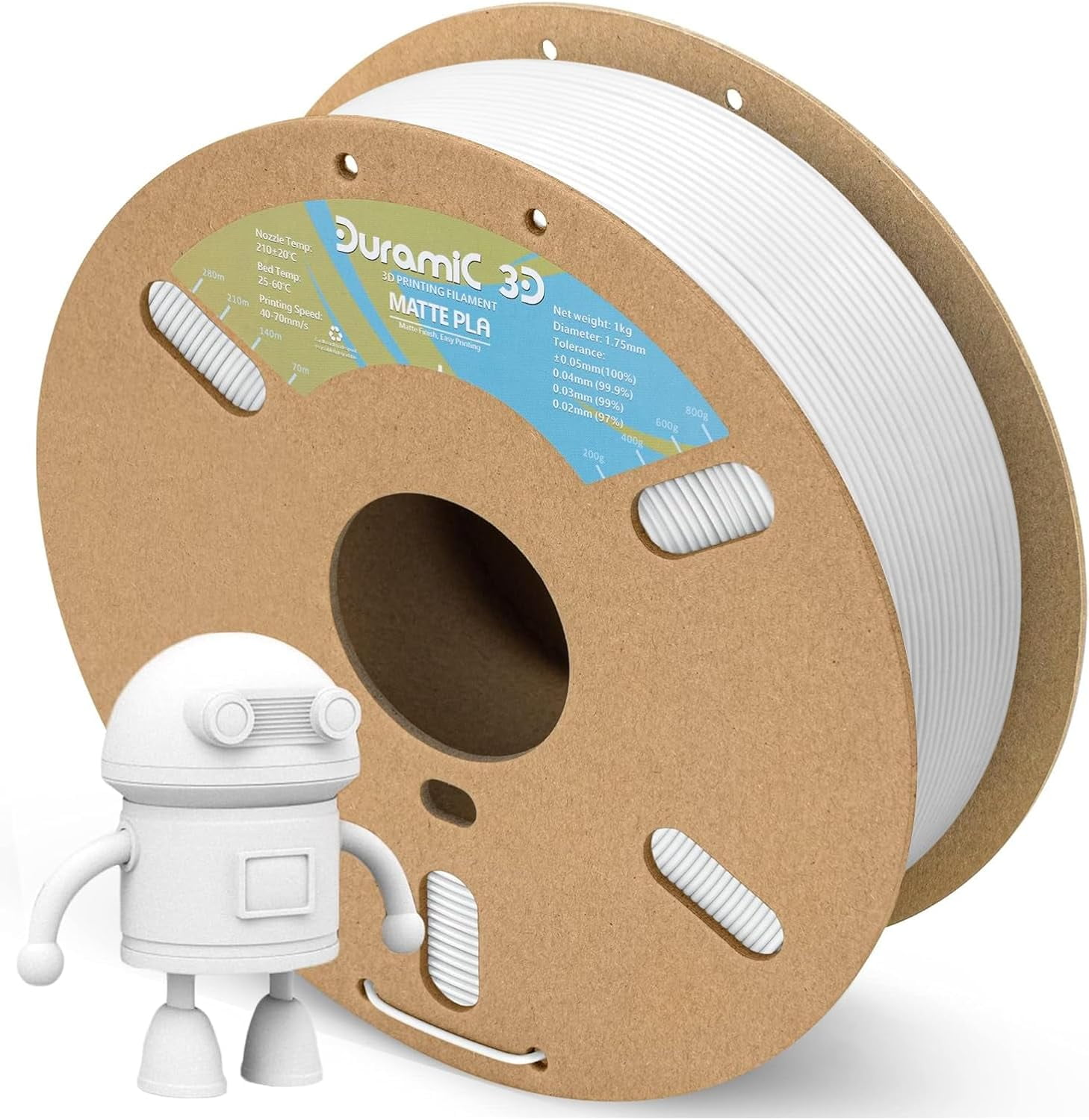 DURAMIC 3D Matte PLA Filament 1.75mm White, 1kg Cardboard Spool Matte Finish 3D Printer Filament ...