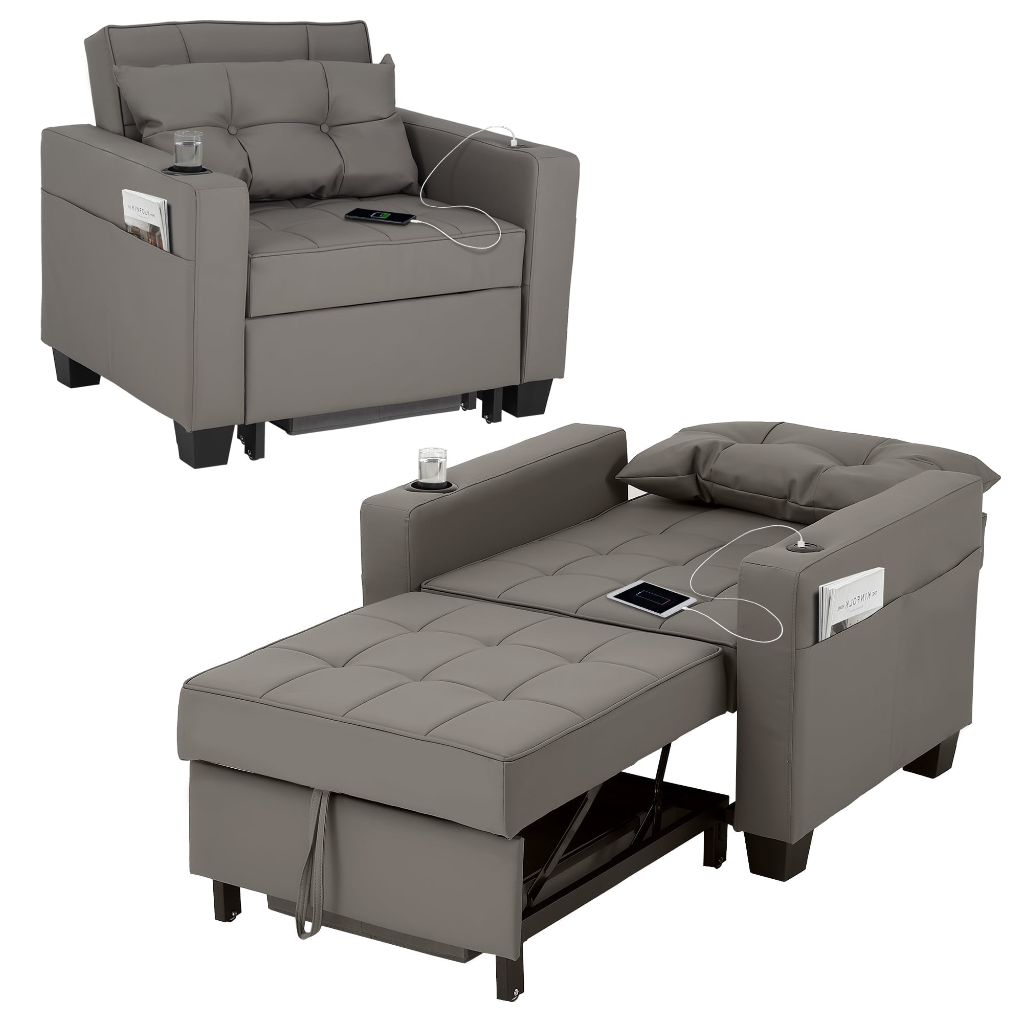 DURASPACE Pull-Out Couch, 3-in-1 Convertible Chair with USB Port, Faux ...