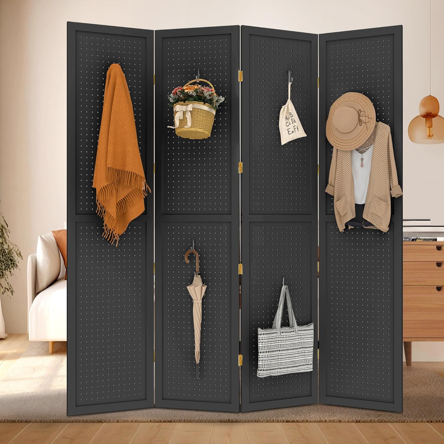 DURASPACE 4 Panel Room Divider 5.6 FT Pegboard Display Folding Wood ...
