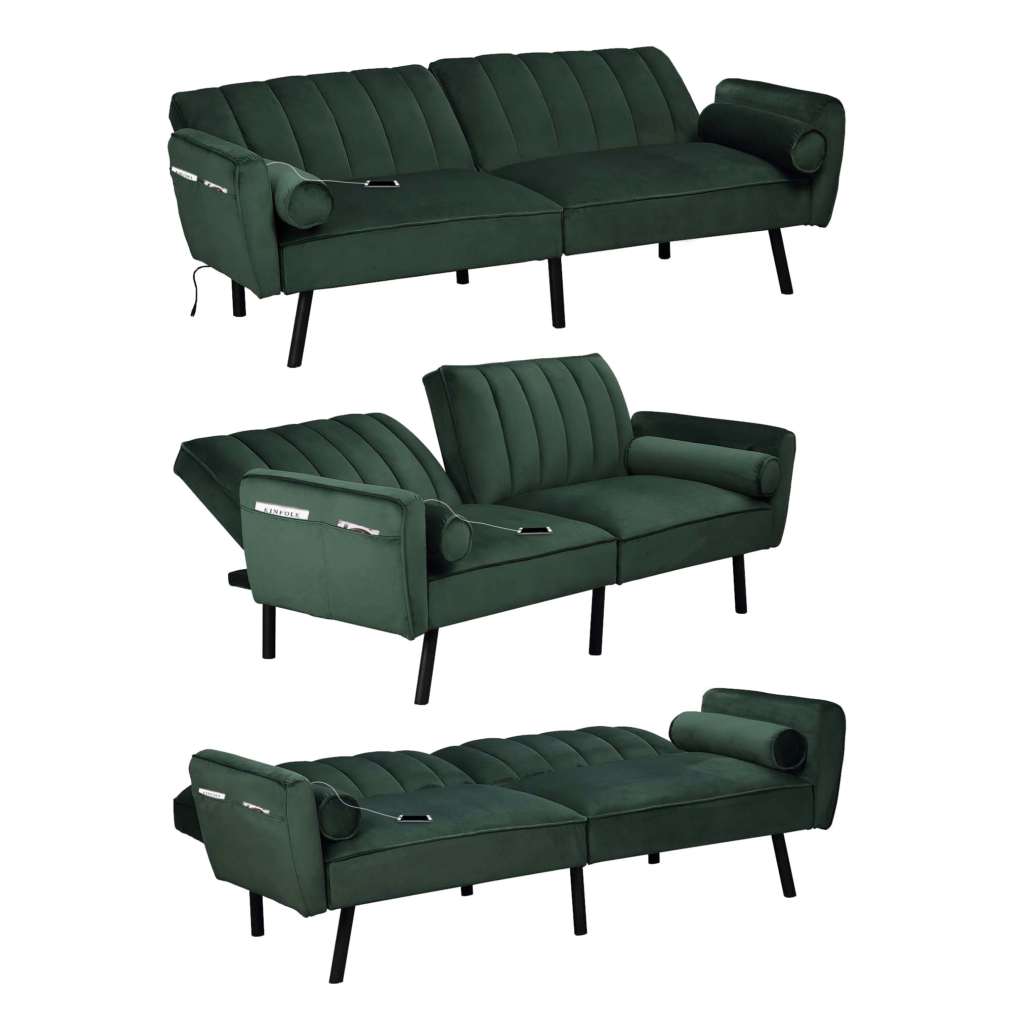 Futon Sofa Bed Sleeper Convertible Sofa Couch with USB Modern Loveseat ...