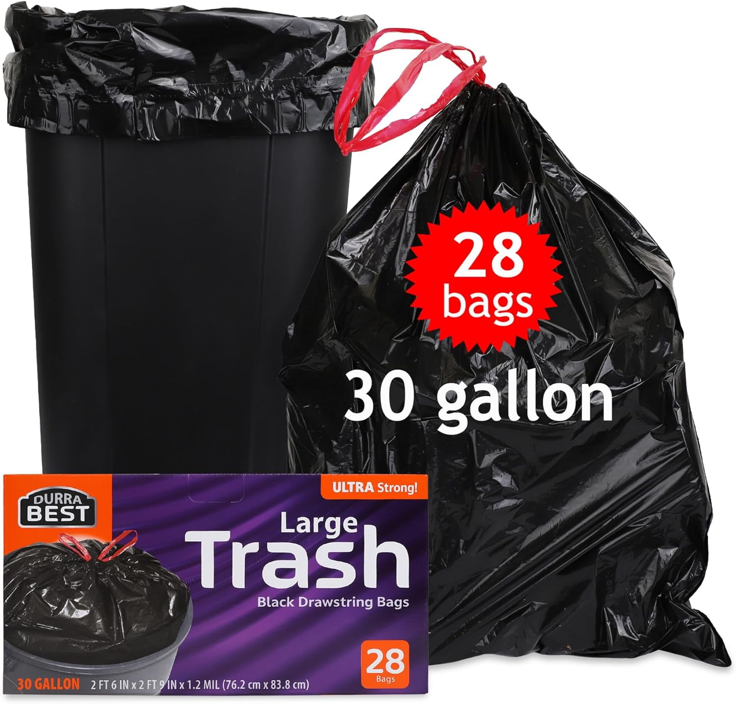 DURRA BEST. 30 Gallon Trash Bags Drawstring | 28 Count | Black ...